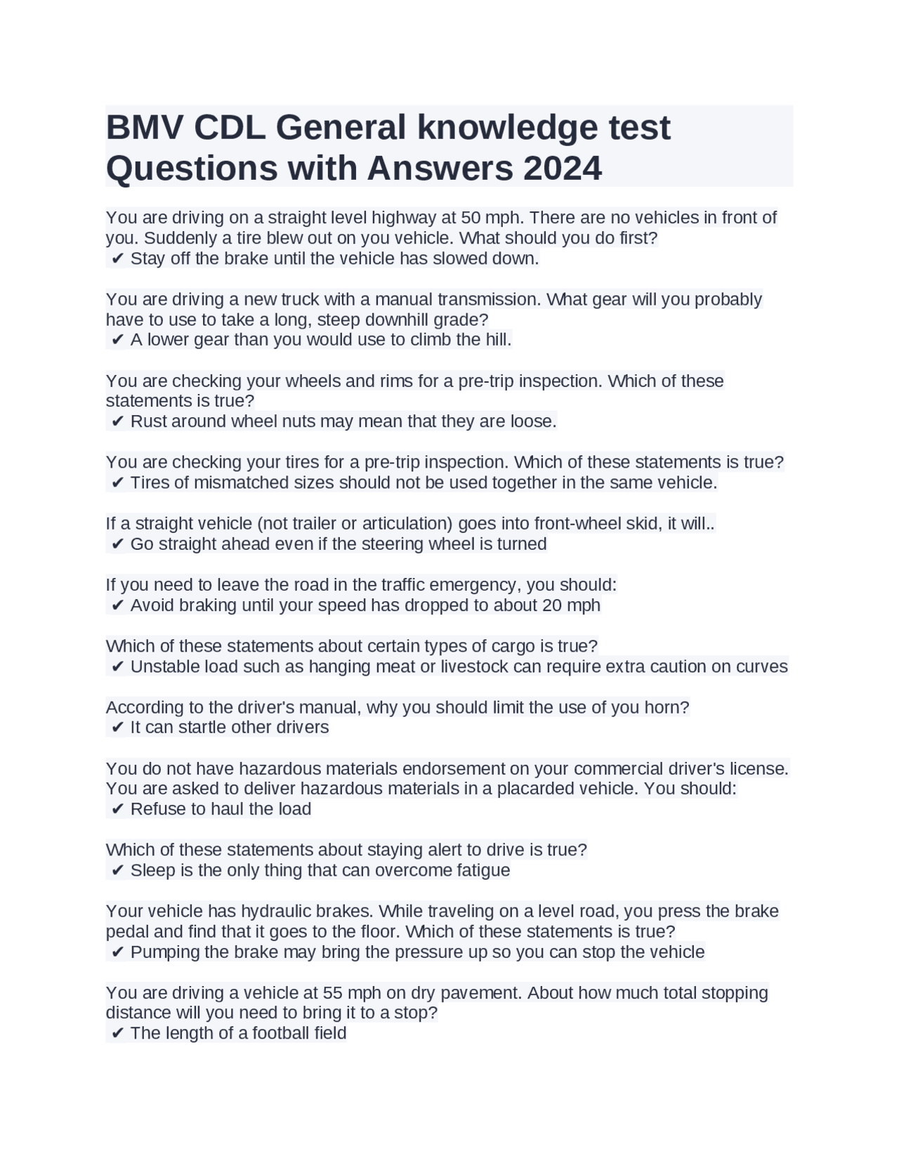 BMV CDL General knowledge test Questions with Answers 2024 | Exams ...