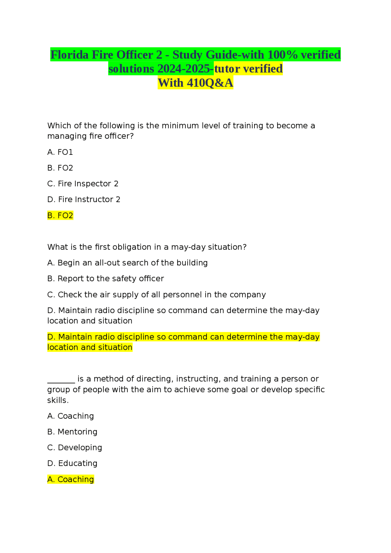 Florida Fire Officer 2 - Study Guide-with 100% verified solutions 2024 ...