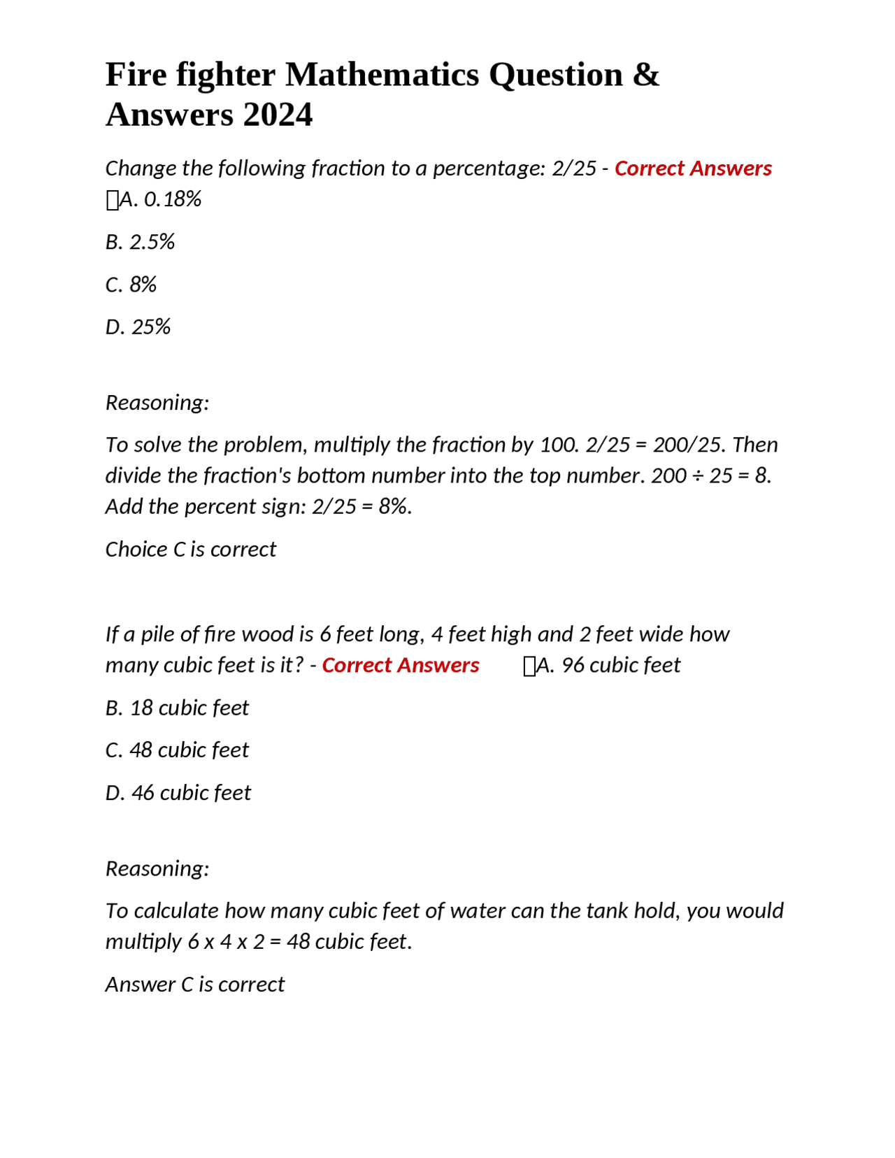 Fire fighter Mathematics Question & Answers 2024 | Exams Nursing | Docsity