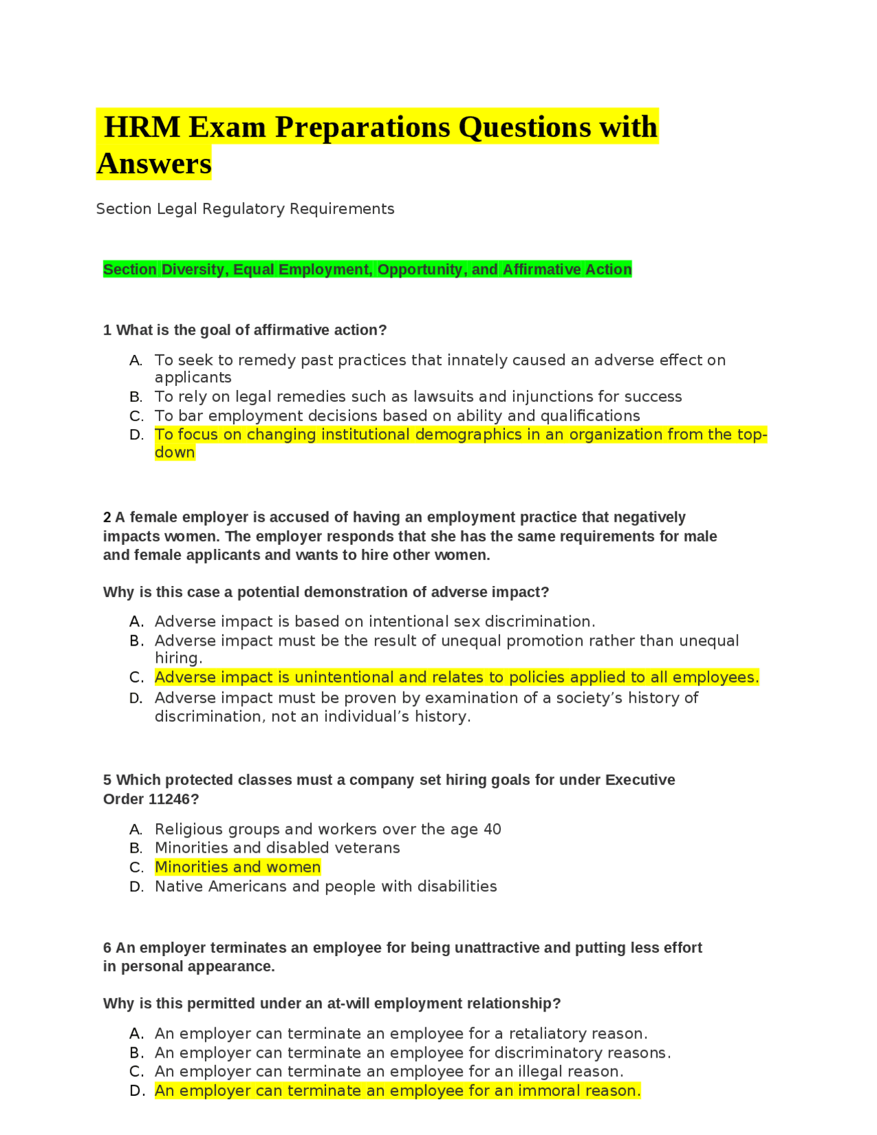 HRM Exam Preparations Questions with Answers | Exams Human Resource ...