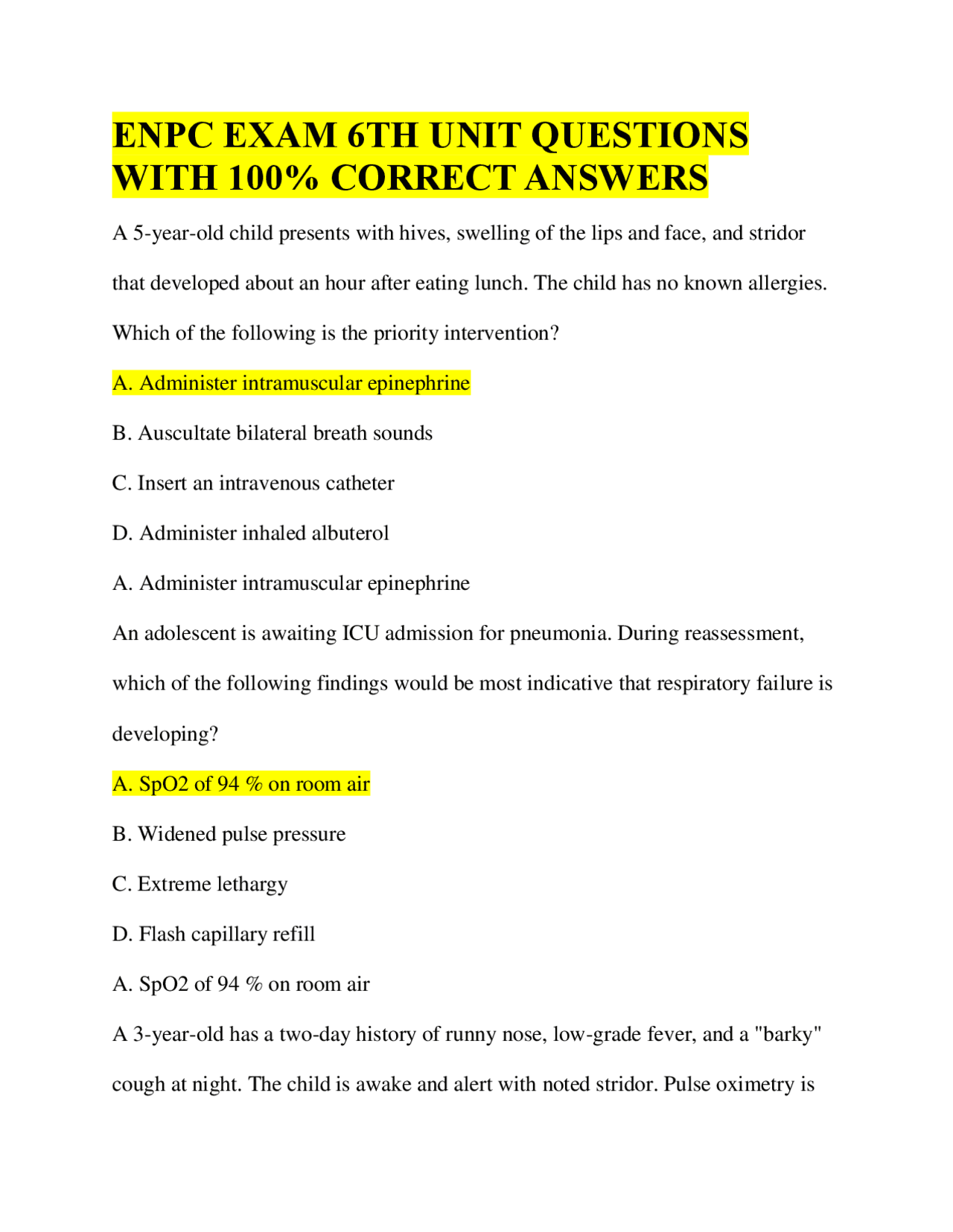 ENPC EXAM 6TH UNIT QUESTIONS WITH 100% CORRECT ANSWERS | Exams Nursing ...