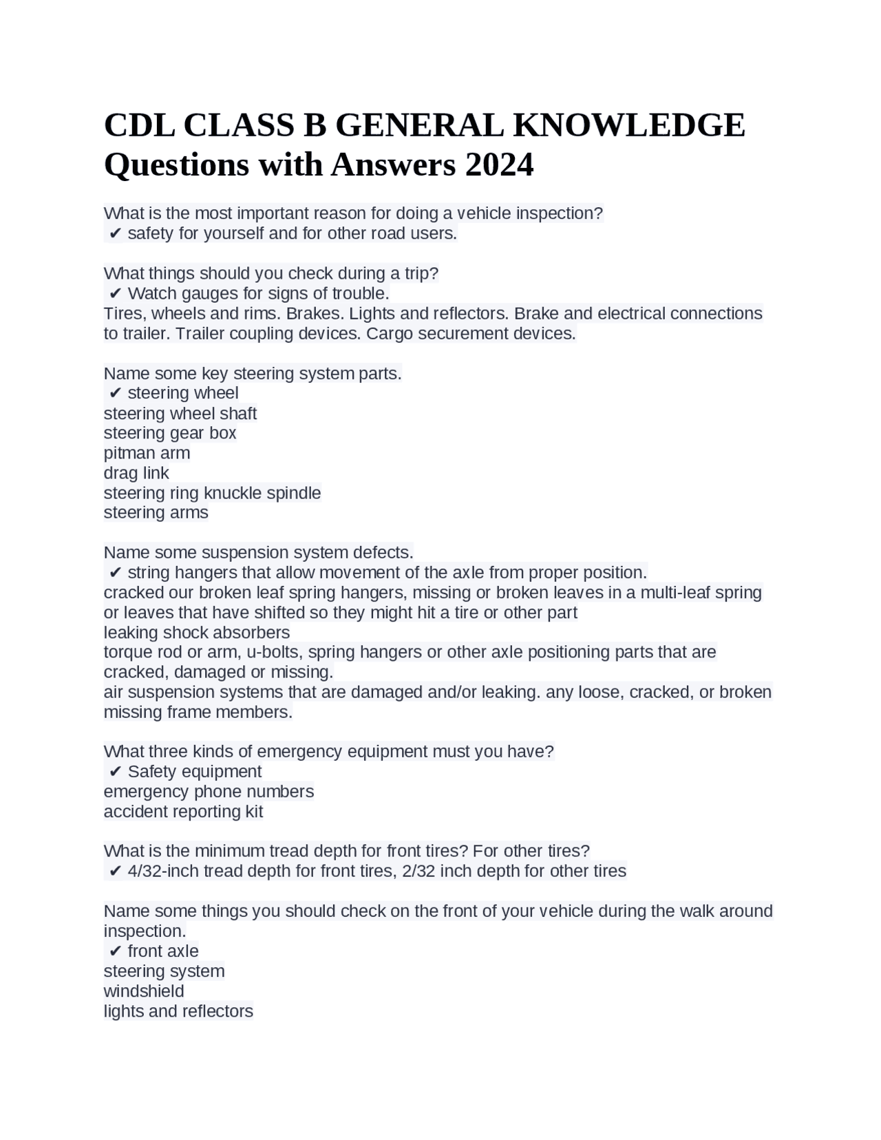 CDL CLASS B GENERAL KNOWLEDGE Questions with Answers 2024 | Exams ...