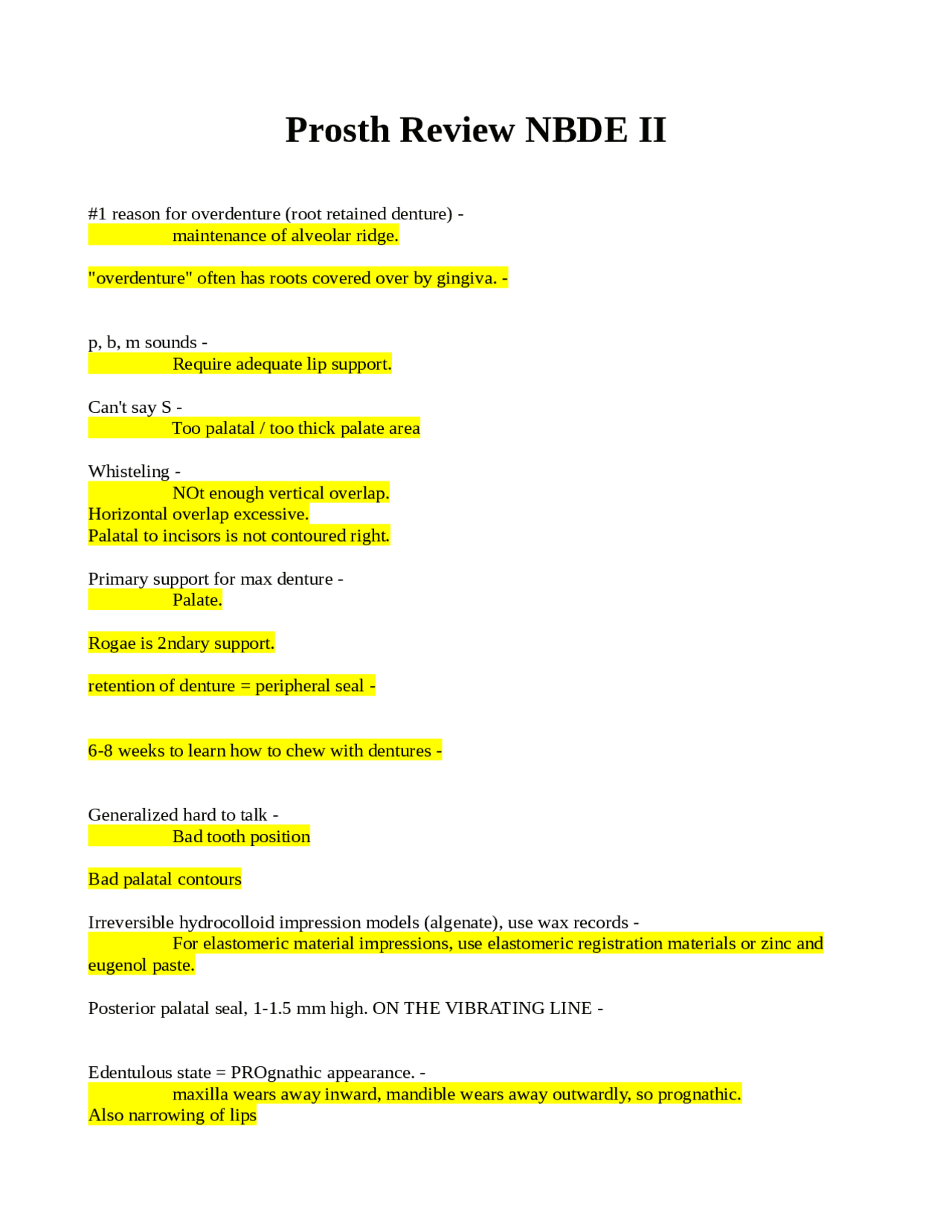 Prosth Review NBDE II | Exams Medicine | Docsity