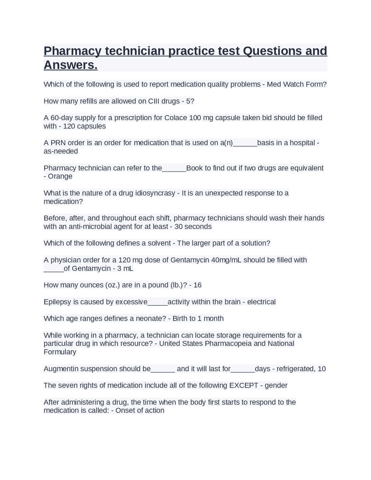 Pharmacy technician practice test Questions and Answers. | Exams ...