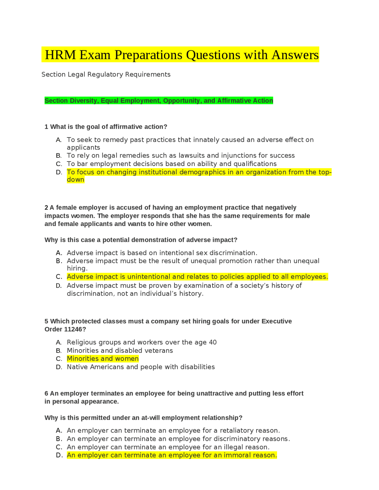 HRM Exam Preparations Questions with Answers | Exams Human Resource ...