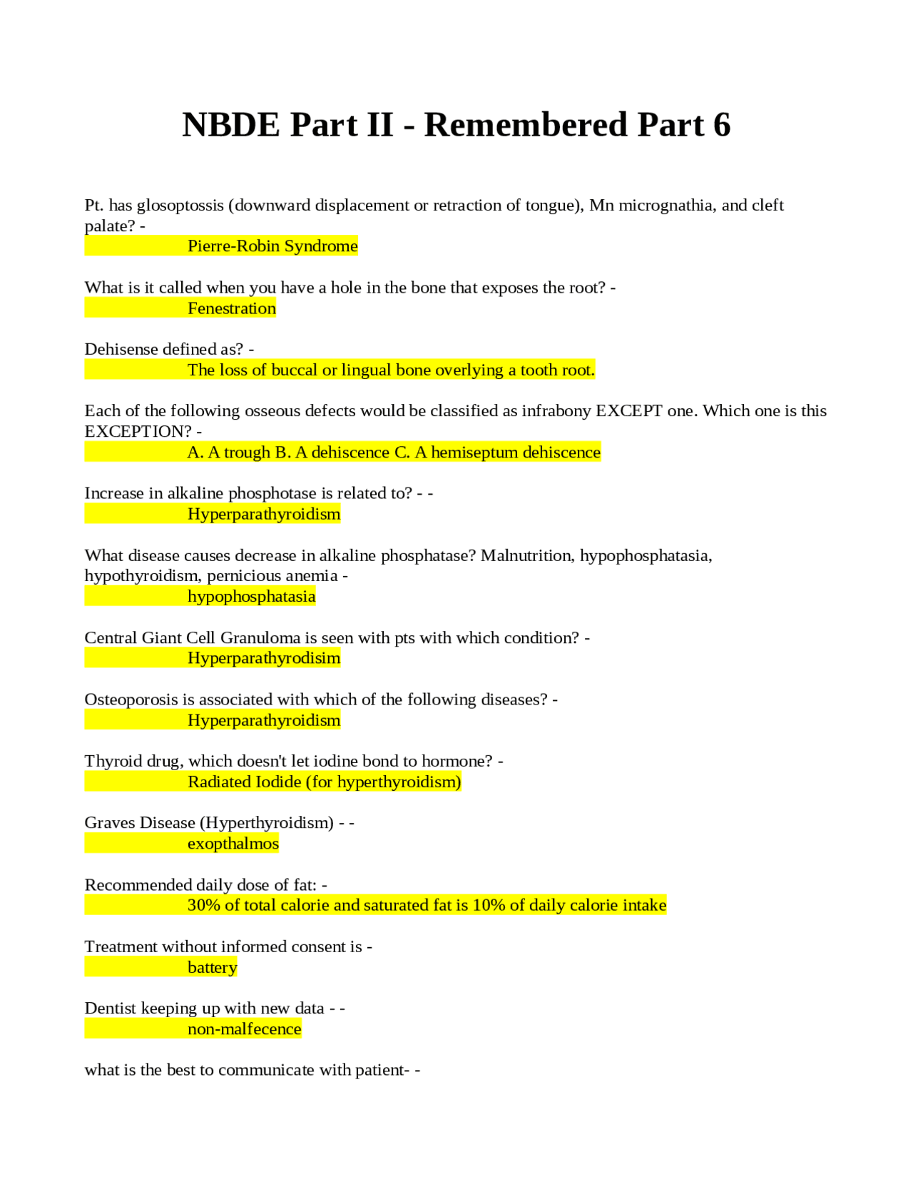 NBDE Part II - Remembered Part 6 | Exams Medicine | Docsity