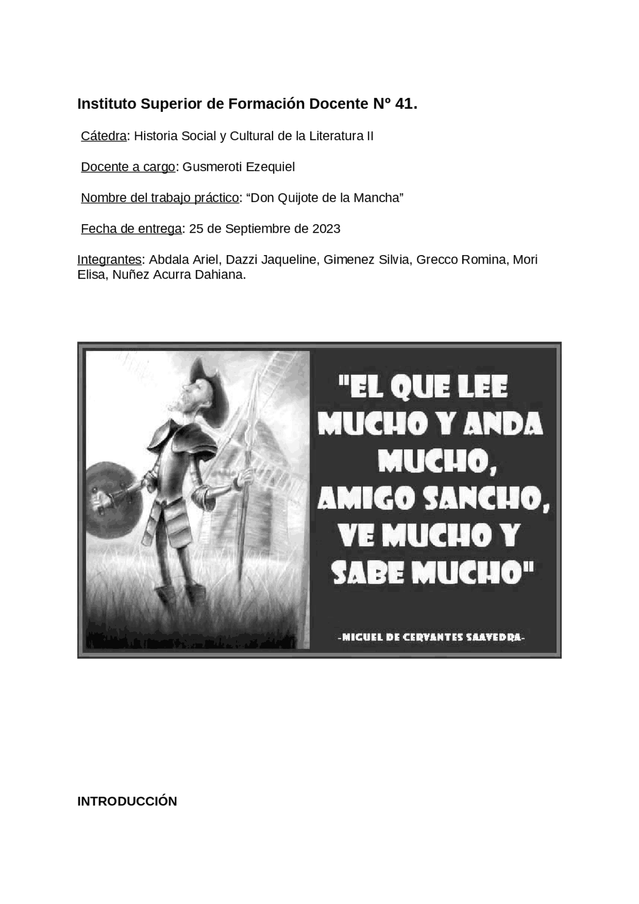 Trabajo práctico para nivel terciario sobre Don Quijote de la Mancha ...