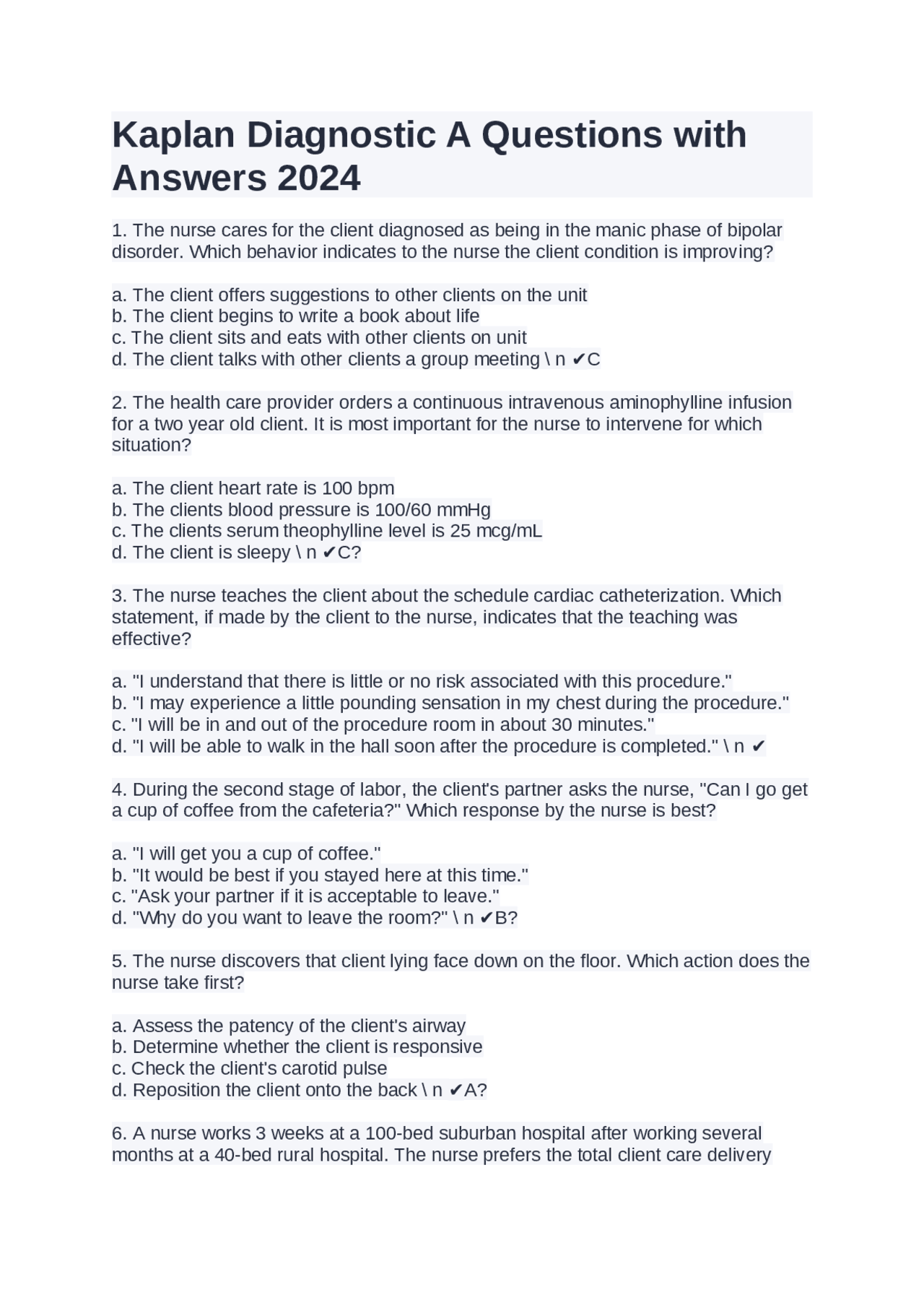 Kaplan Diagnostic A Questions with Answers 2024 | Exams Nursing | Docsity