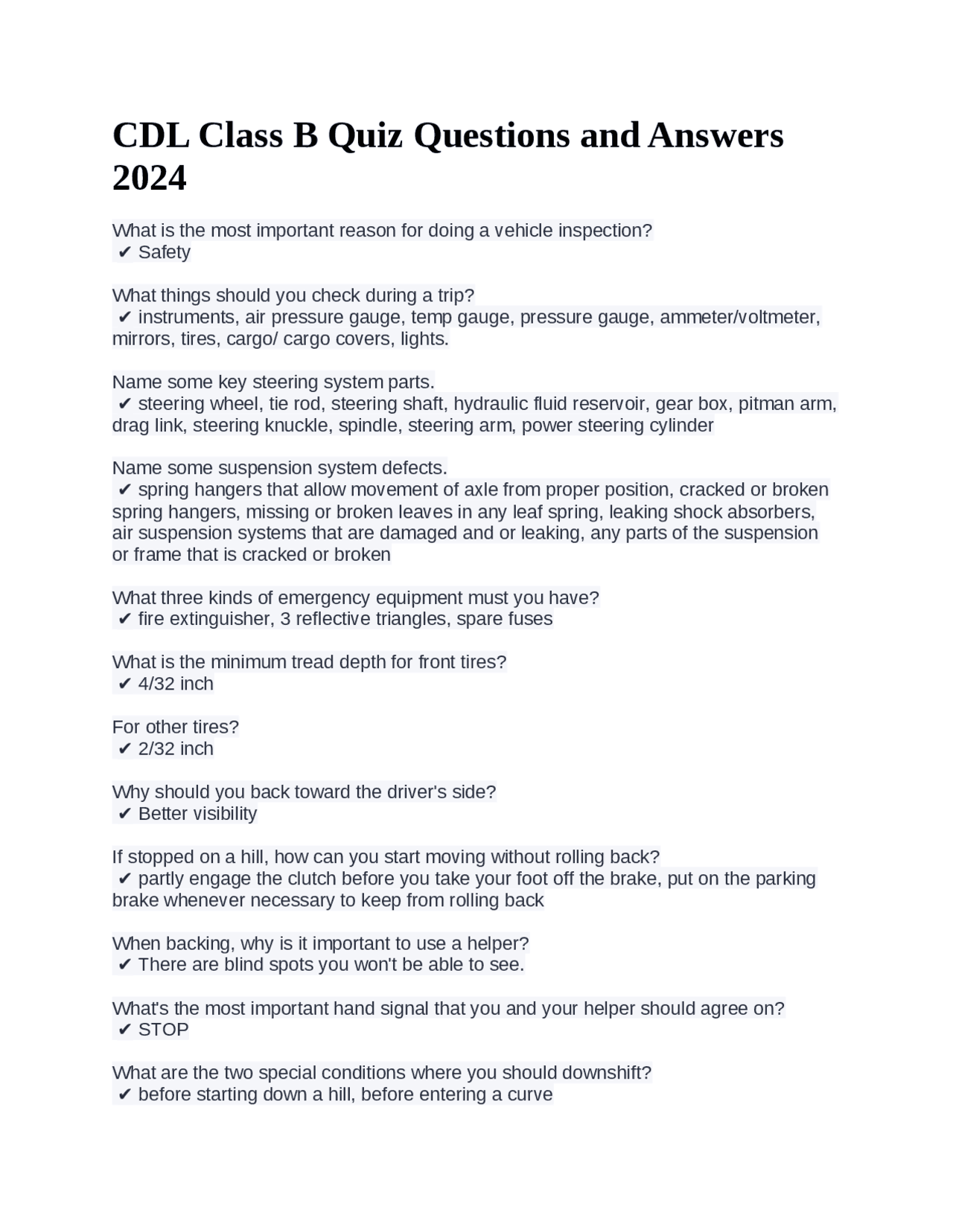 CDL Class B Vehicle Inspection & Driving Quiz Answers | Exams ...