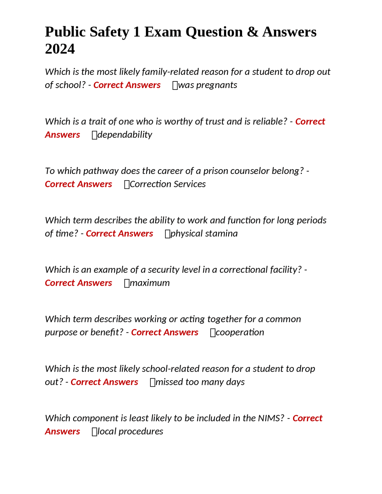 Public Safety 1 Exam Questions & Answers for 2024 | Exams Nursing | Docsity