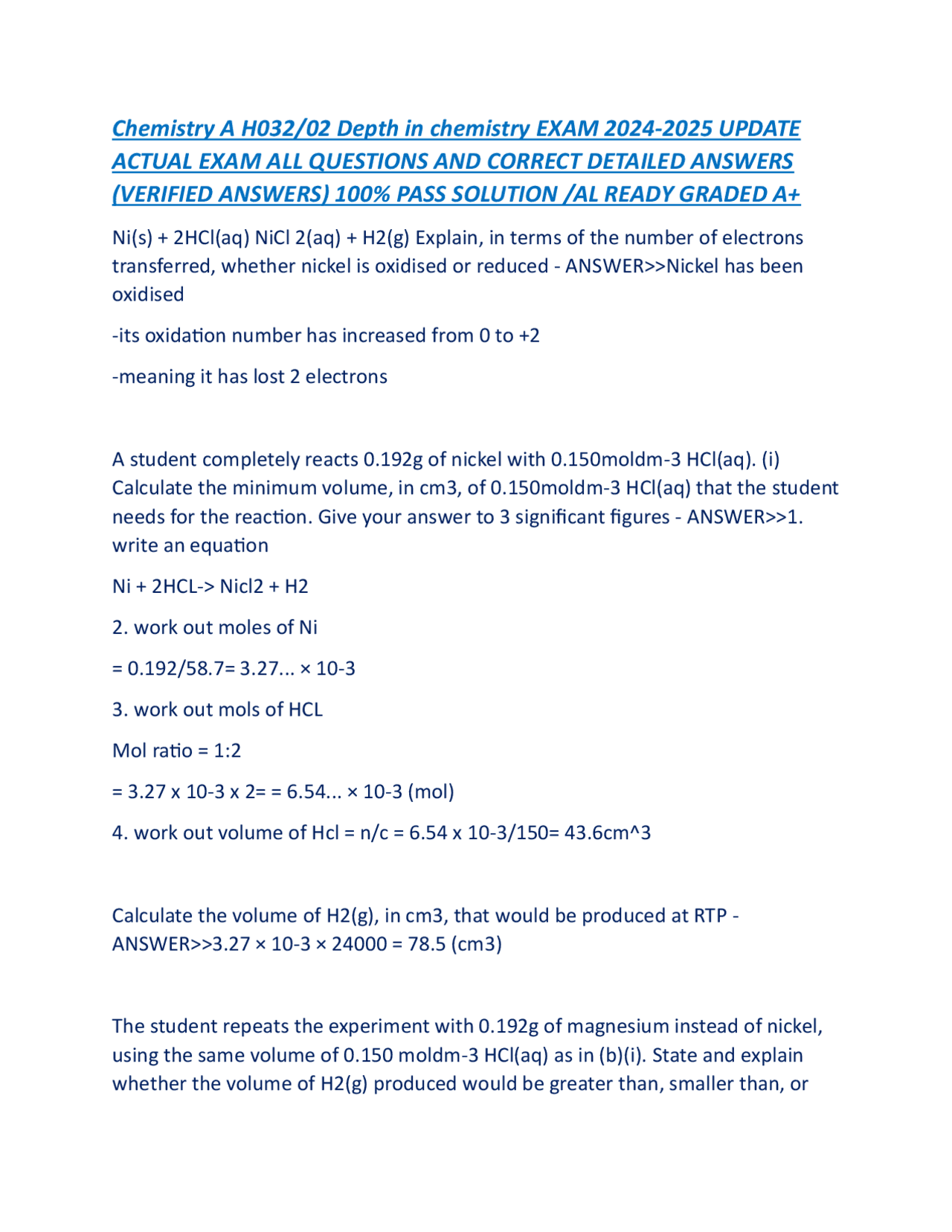 Chemistry A H032/02 Depth in chemistry EXAM 2024-2025 UPDATE ACTUAL ...