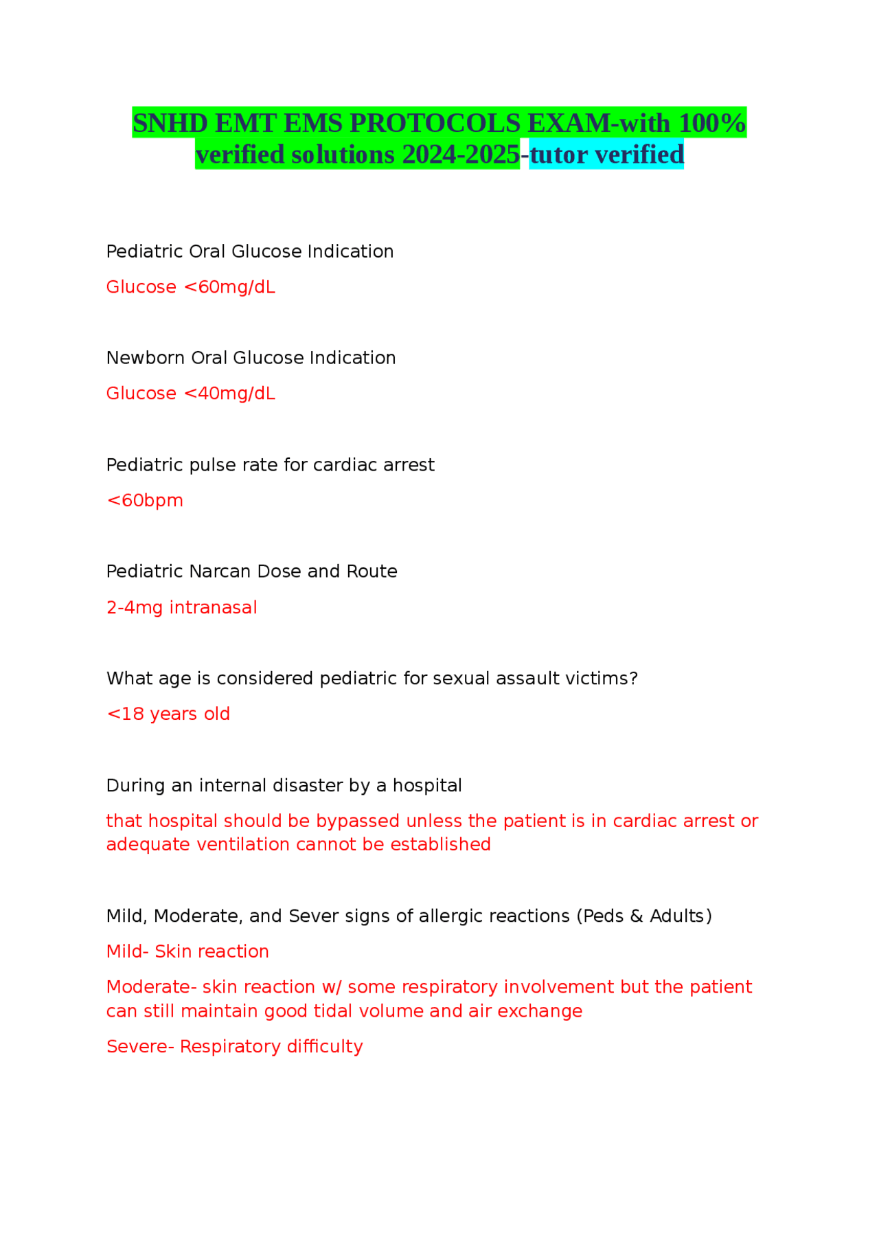 SNHD EMT EMS PROTOCOLS EXAM-with 100% verified solutions 2024-2025 ...