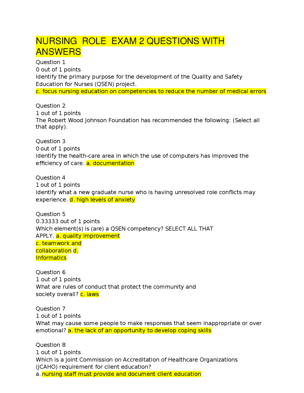 NURSING ROLE EXAM 2 QUESTIONS WITH ANSWERS | Exams Nursing | Docsity