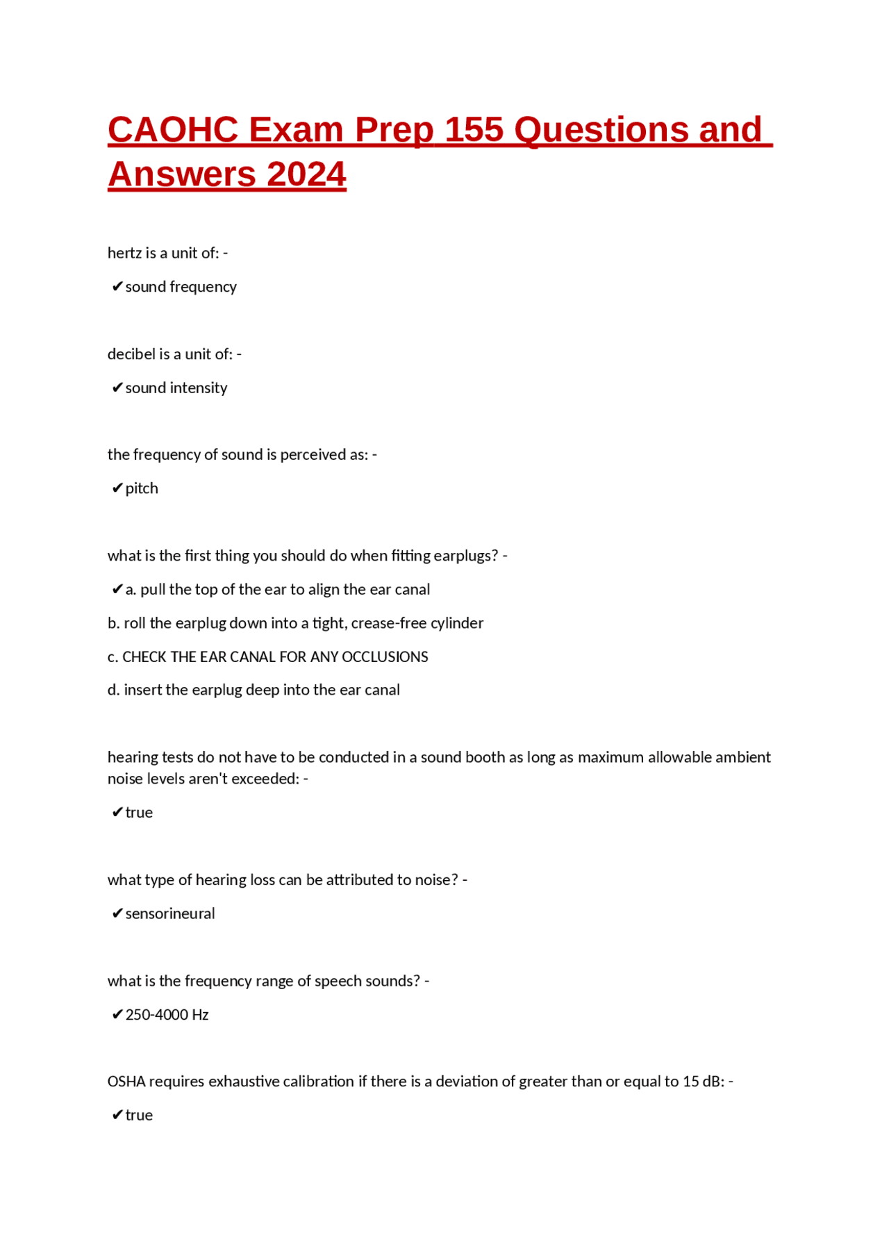 CAOHC Exam Prep 155 Questions and Answers 2024 | Exams Nursing | Docsity