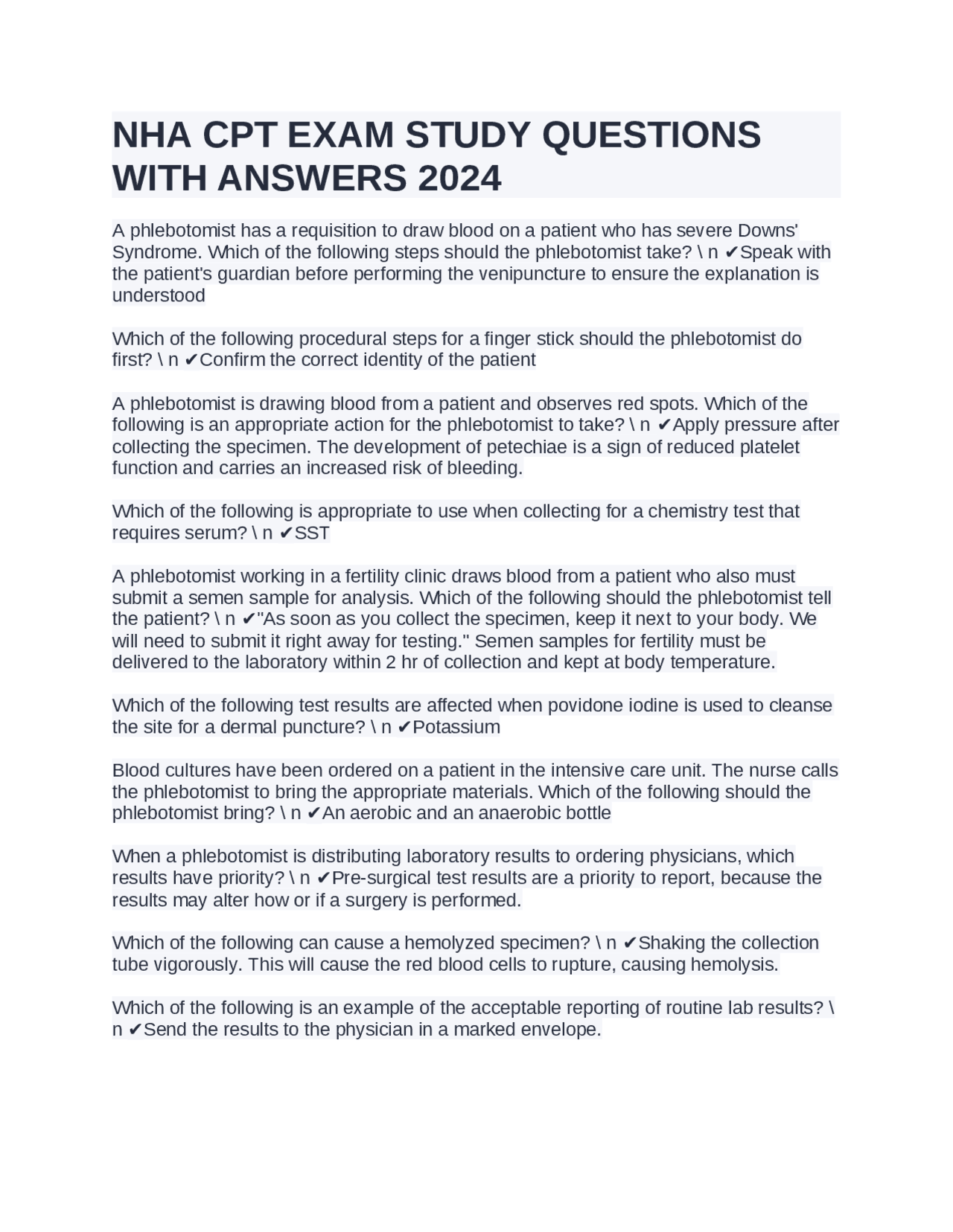 NHA CPT EXAM STUDY QUESTIONS WITH ANSWERS 2024 | Exams Nursing | Docsity