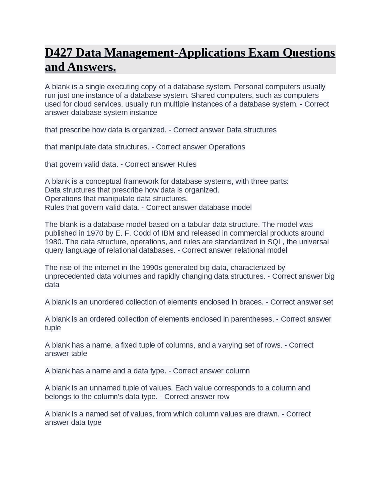 D427 Data Management-Applications Exam Questions and Answers. | Exams Database Management ...