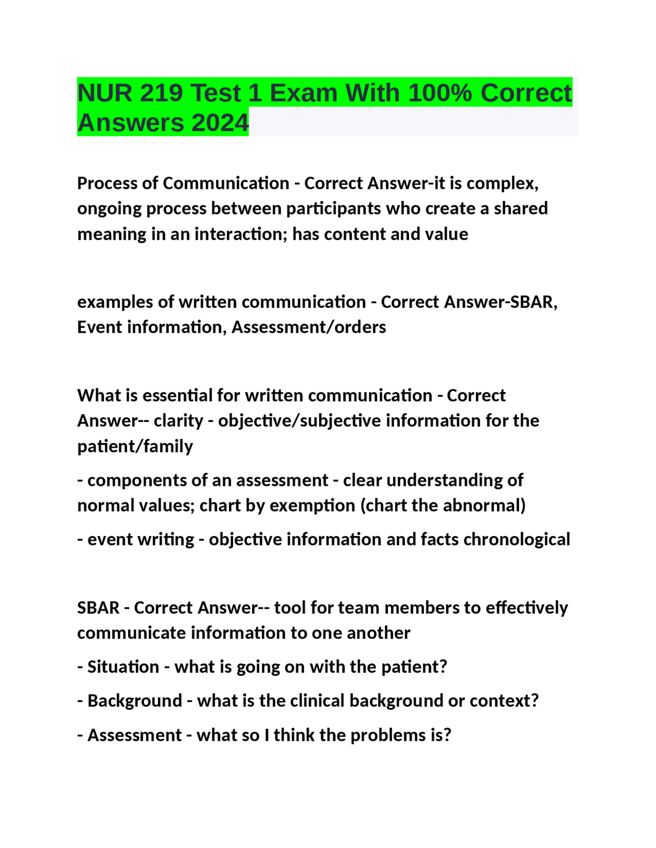 NUR 219 Test 1 Exam With 100% Correct Answers 2024 | Exams Nursing ...
