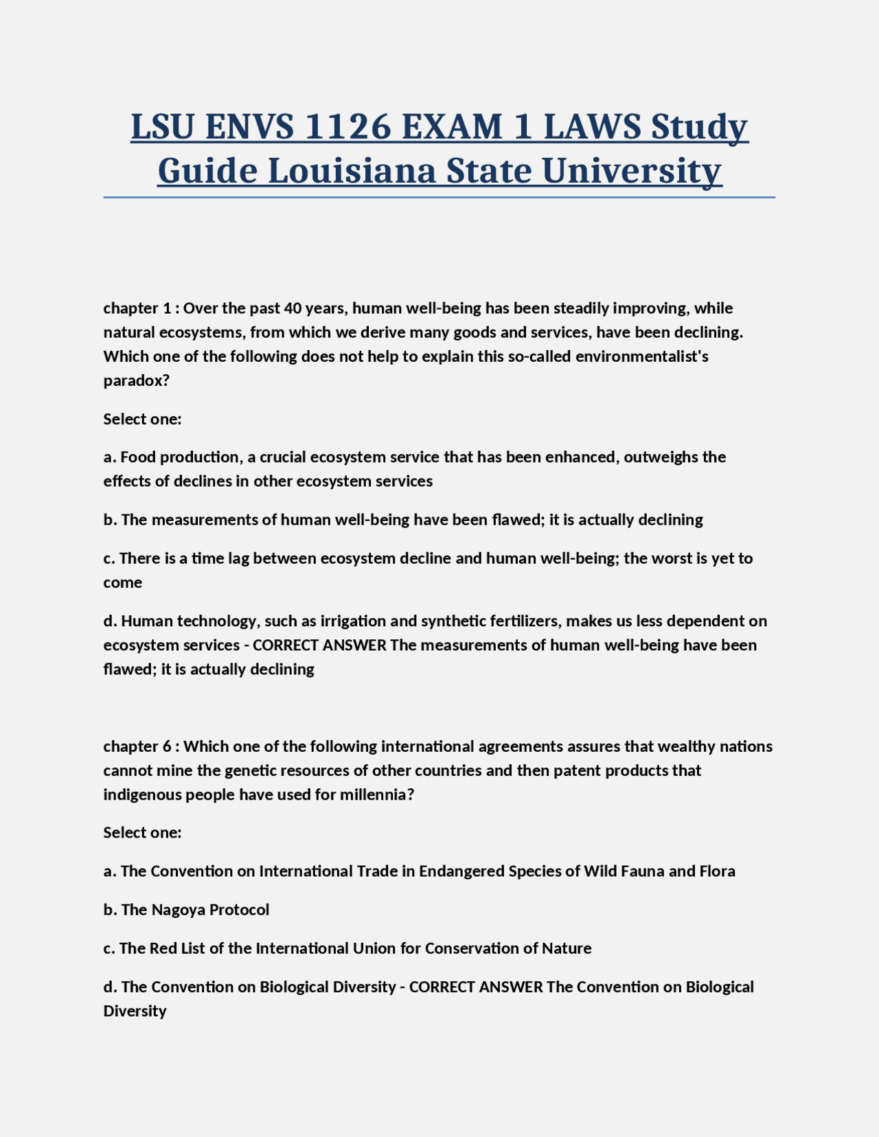 LSU ENVS 1126 EXAM 1 LAWS Study Guide Louisiana State University ...