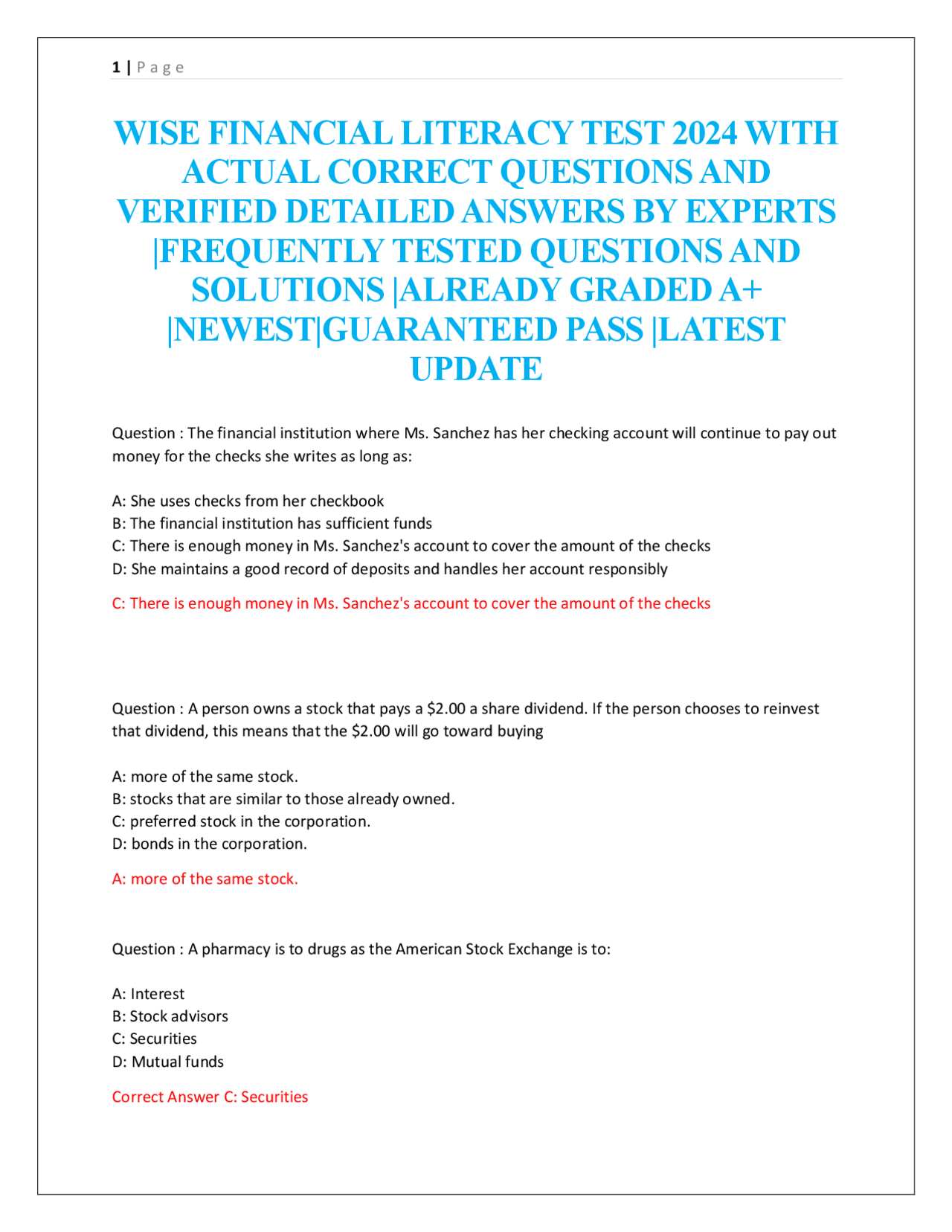 WISE FINANCIAL LITERACY TEST 2024 | Exams Nursing | Docsity