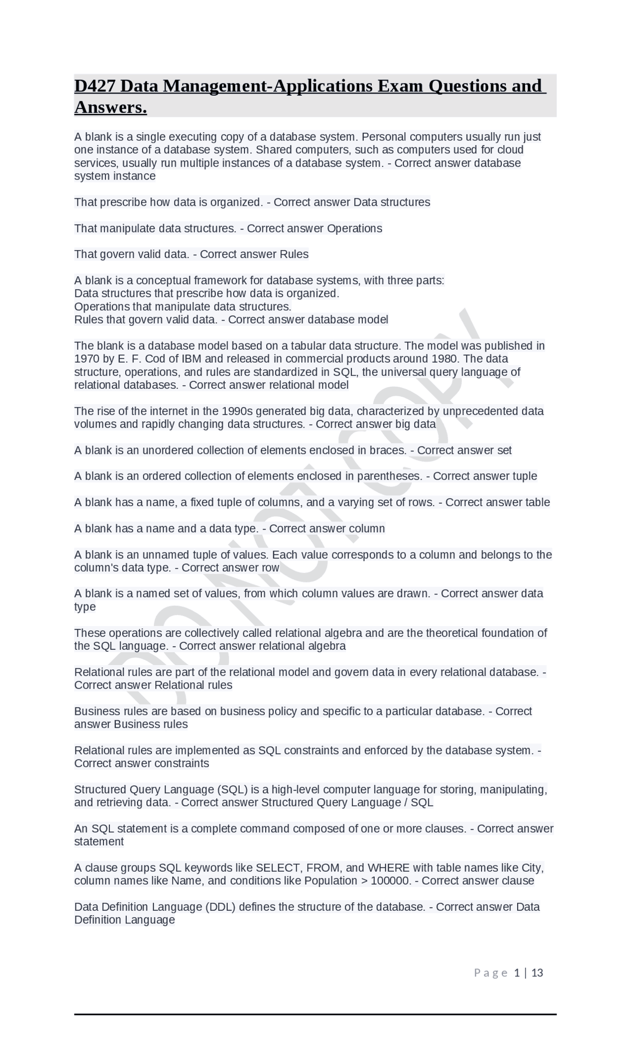D427 Data Management Applications Exam Questions And Answers Exams Database Management