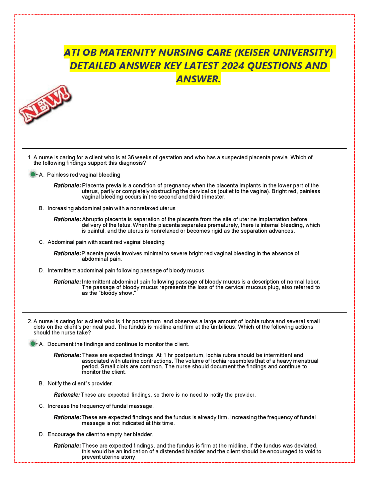 ATI OB MATERNITY NURSING CARE (KEISER UNIVERSITY) DETAILED ANSWER KEY ...