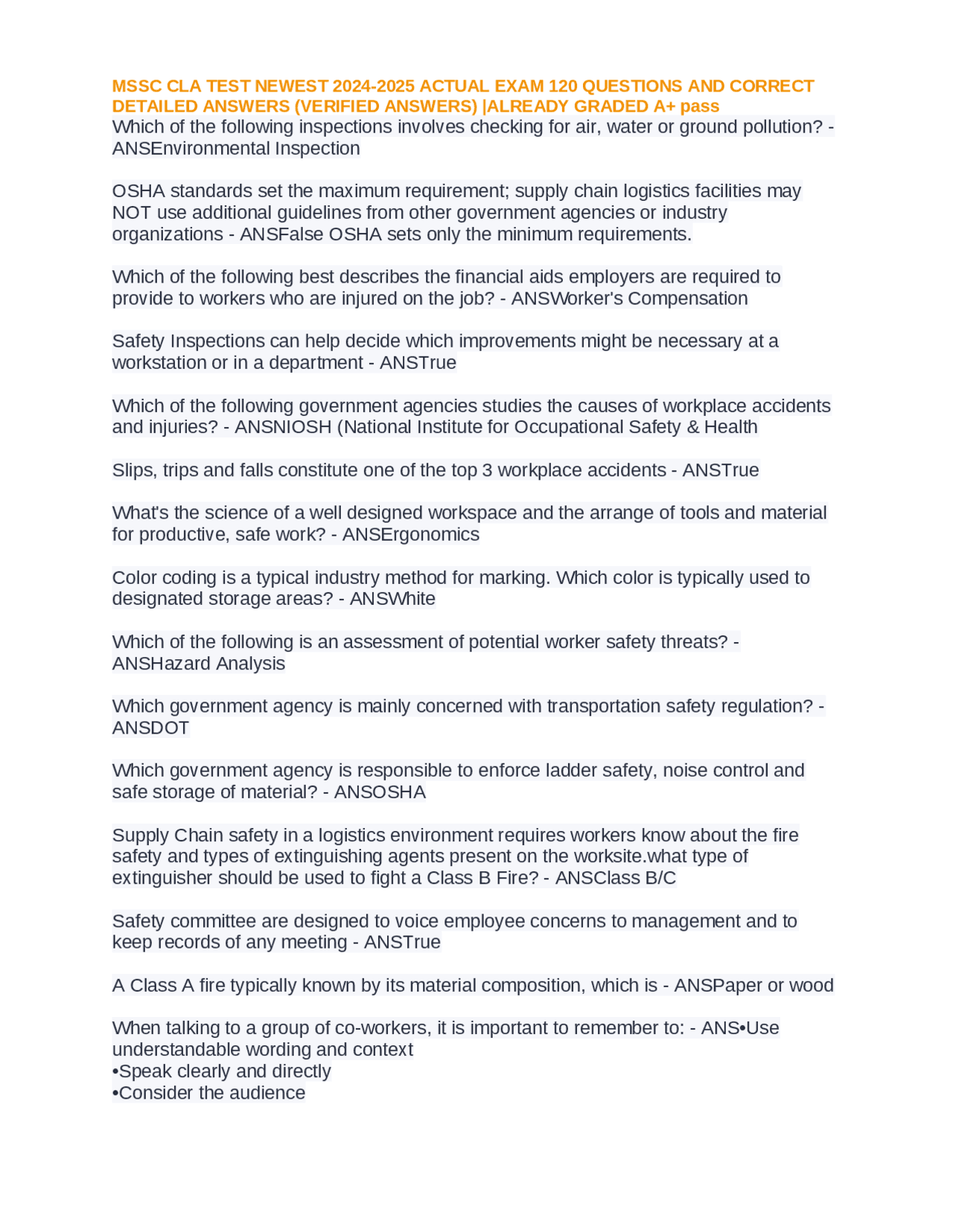 MSSC CLA Test: Logistics and Warehouse Safety Exam Questions and ...