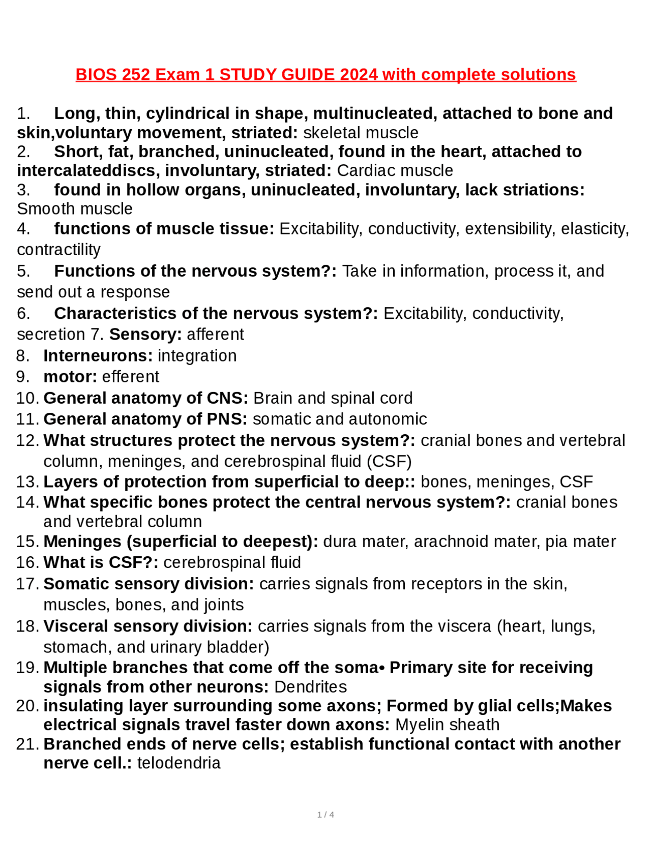 BIOS 252 Exam 1 STUDY GUIDE 2024 with complete solutions | Exams Biology | Docsity