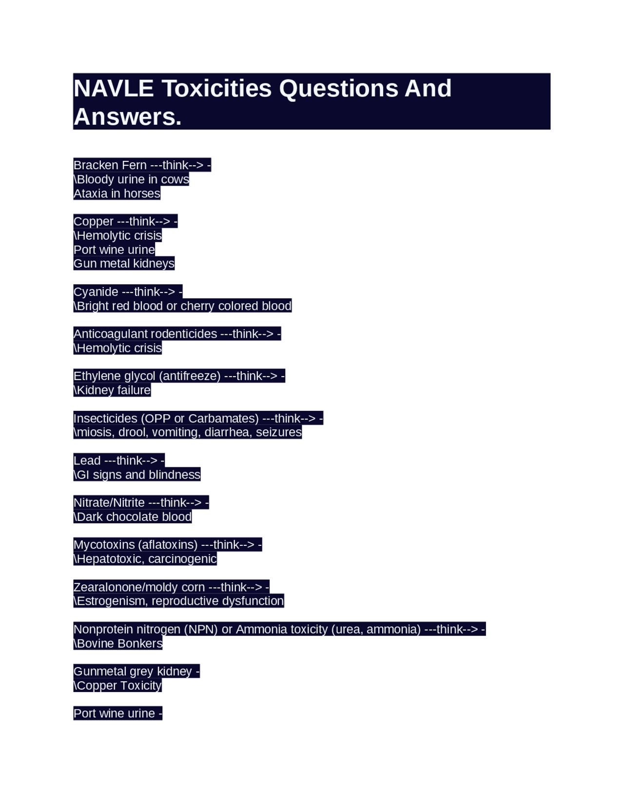 NAVLE Toxicities Questions And Answers. | Exams Veterinary | Docsity