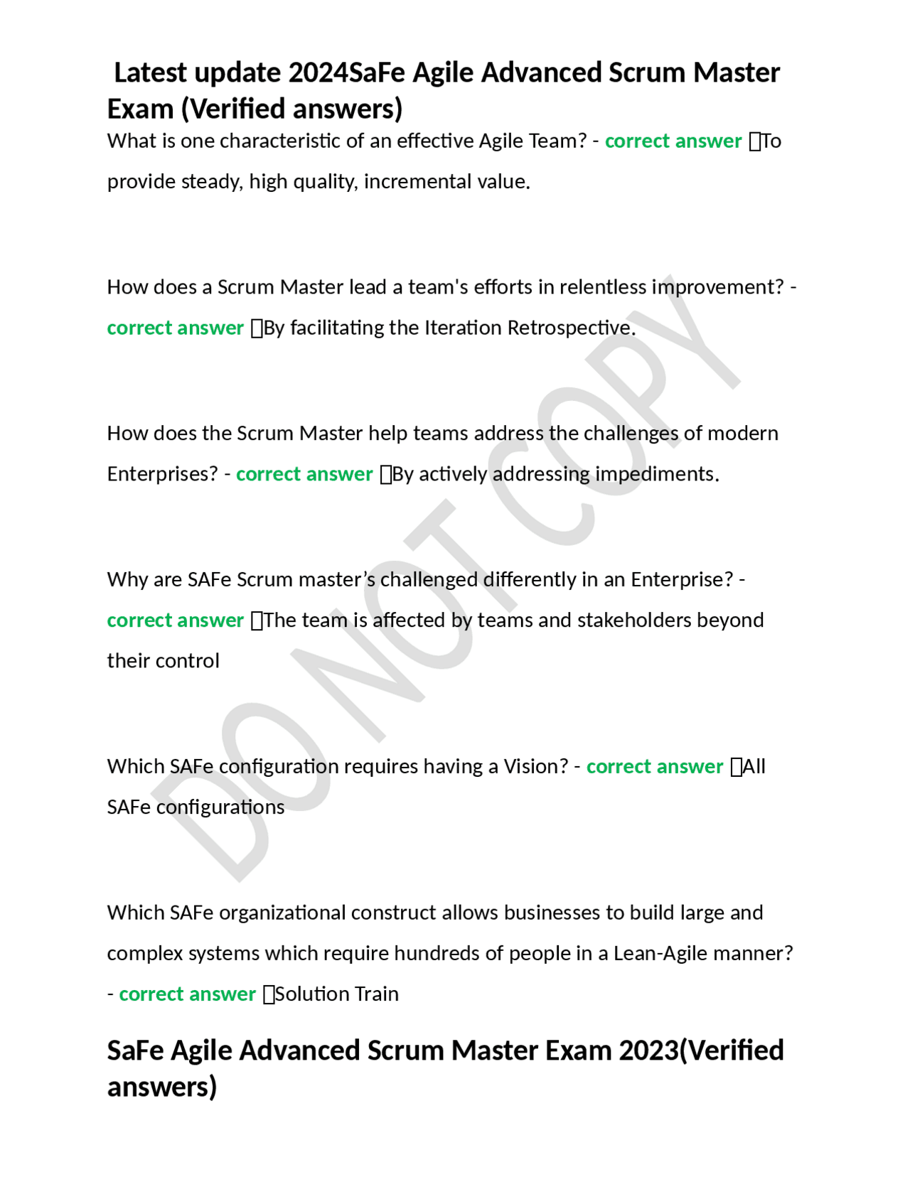 Latest Update 2024safe Agile Advanced Scrum Master Exam Verified Answers Exams Nursing Docsity