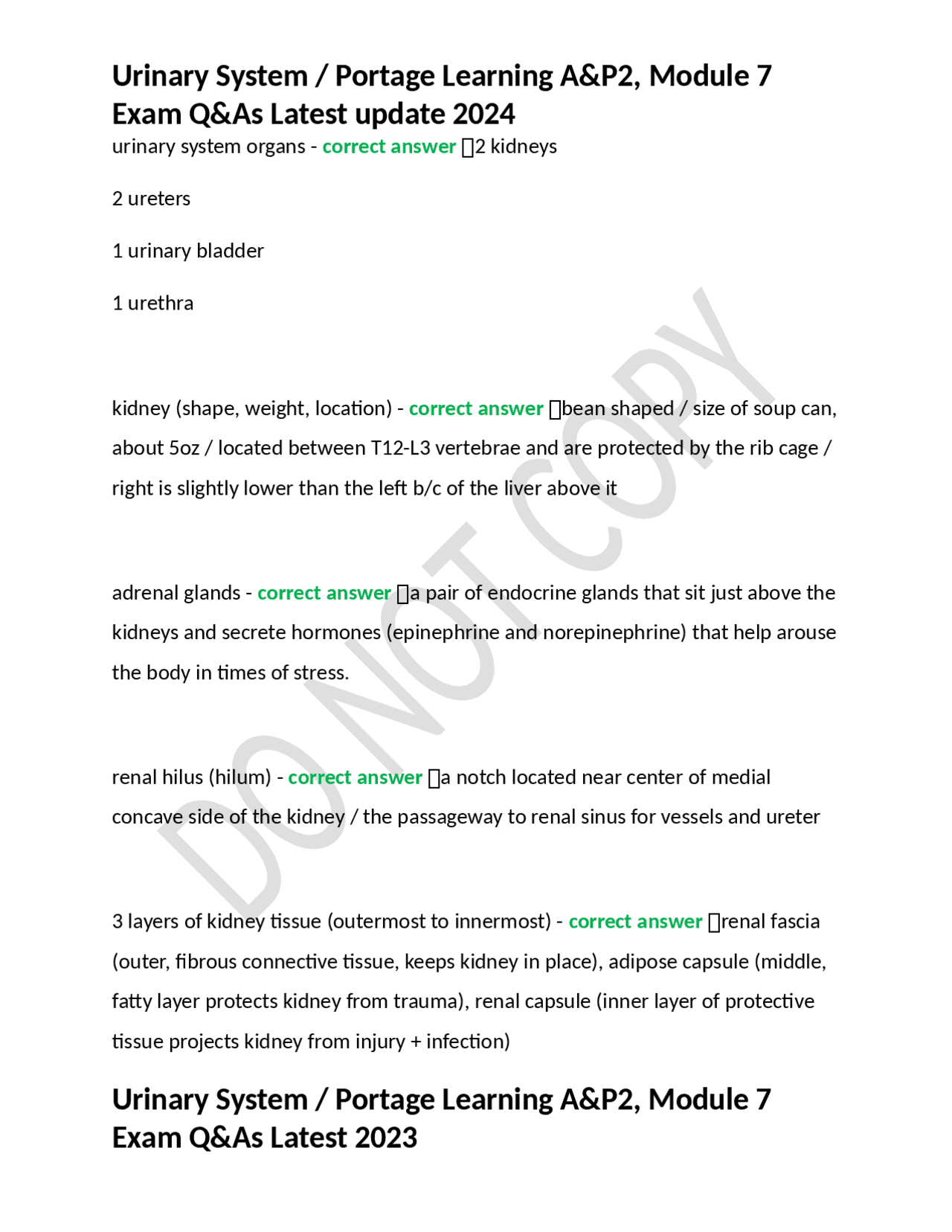 Urinary System / Portage Learning A&P2, Module 7 Exam Q&As Latest ...