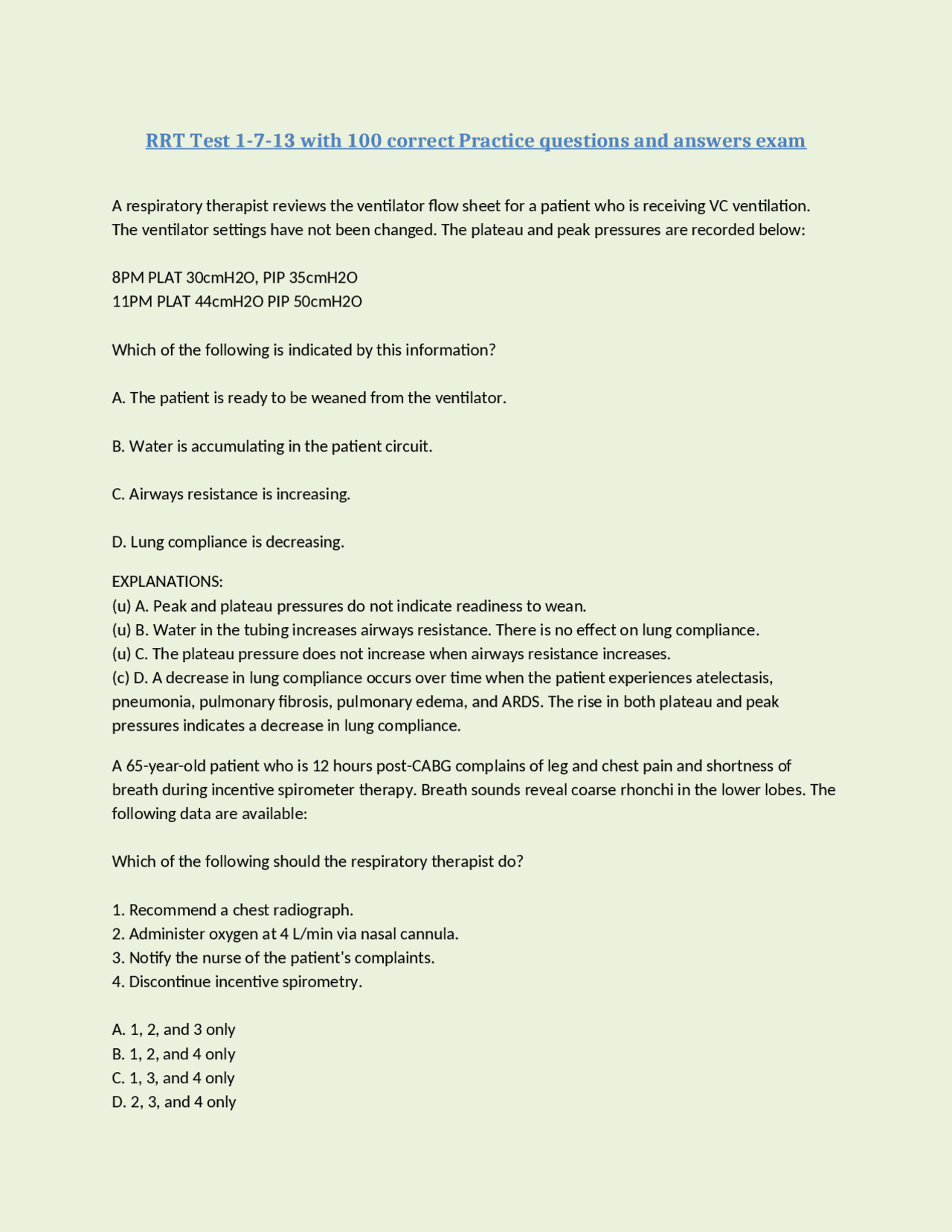 RRT Test 1-7-13 with 100 correct Practice questions and answers exam ...