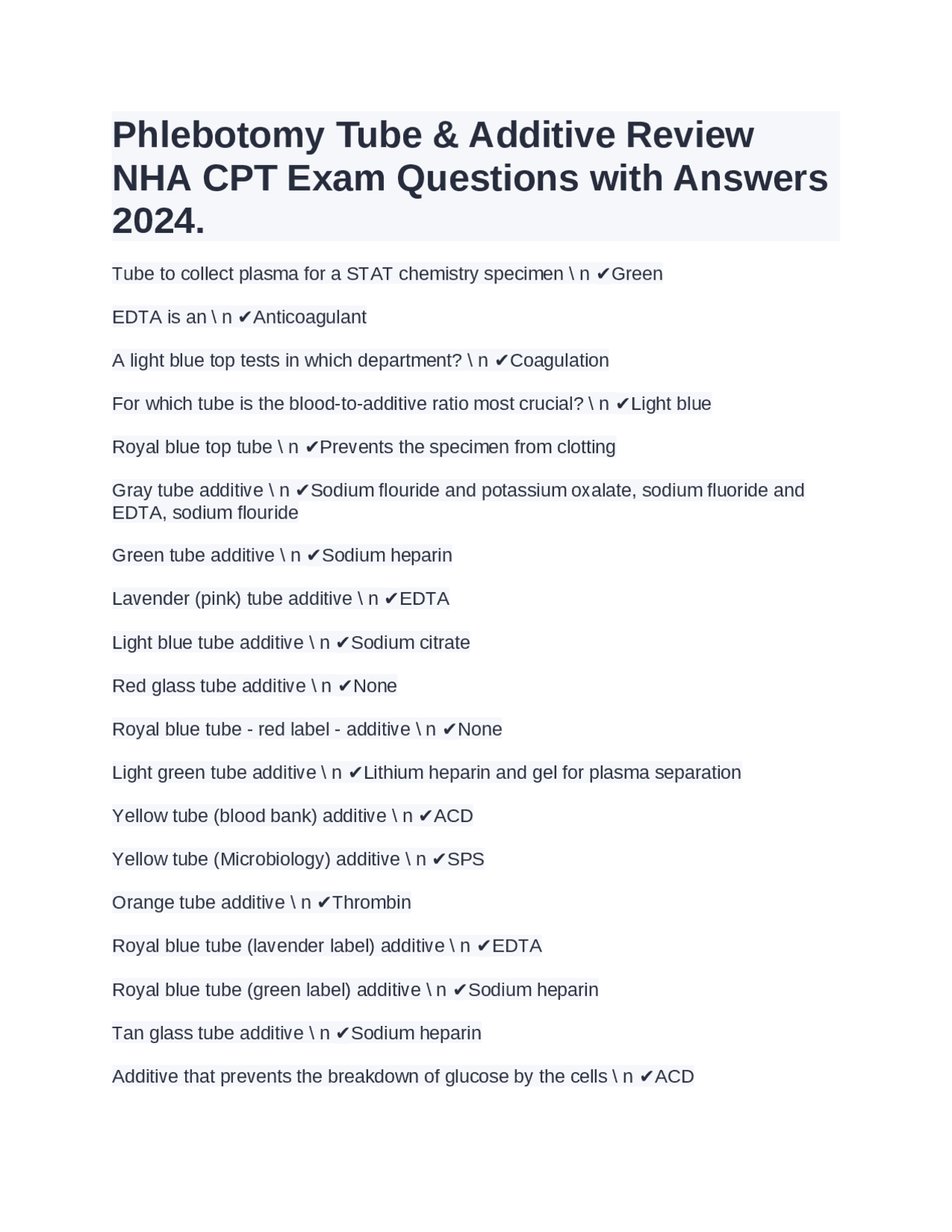 Phlebotomy Tube & Additive Review NHA CPT Exam Questions with Answers ...
