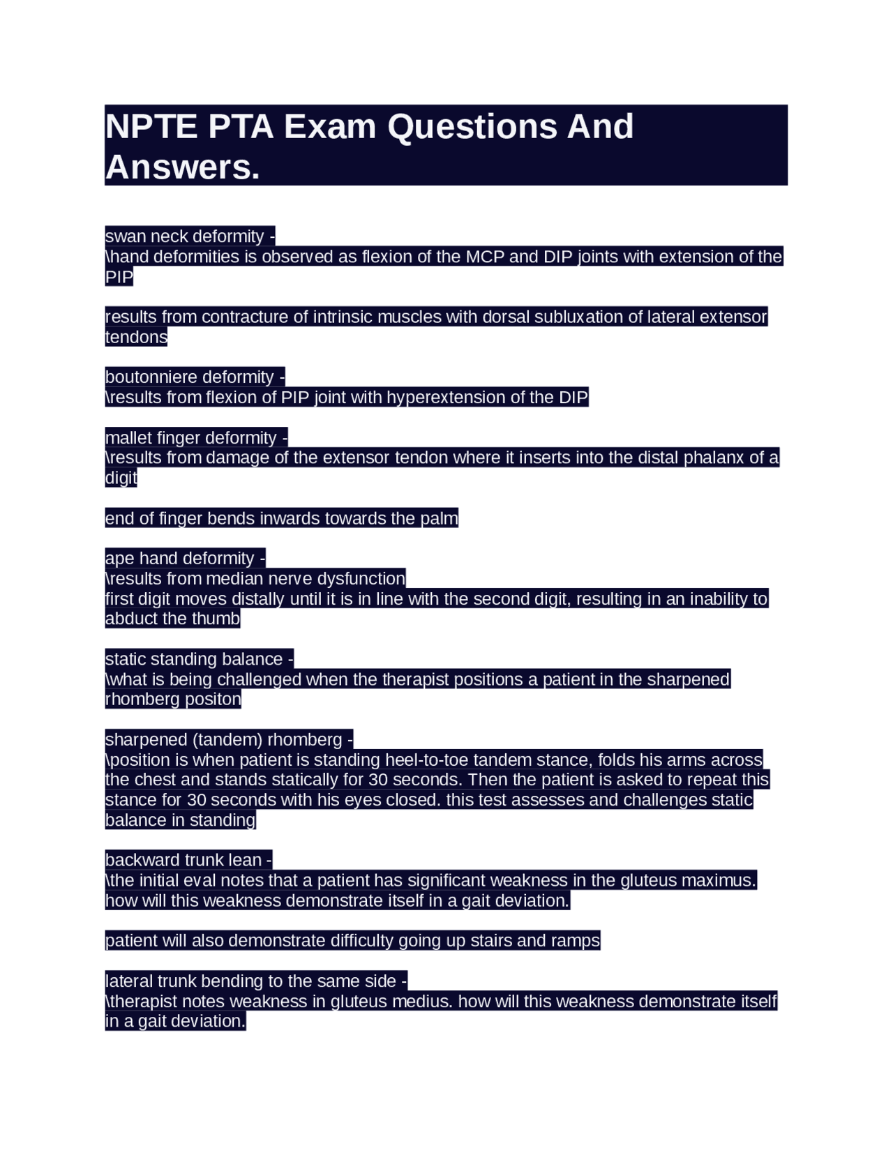 NPTE PTA Exam Questions And Answers. | Exercises Physiotherapy | Docsity