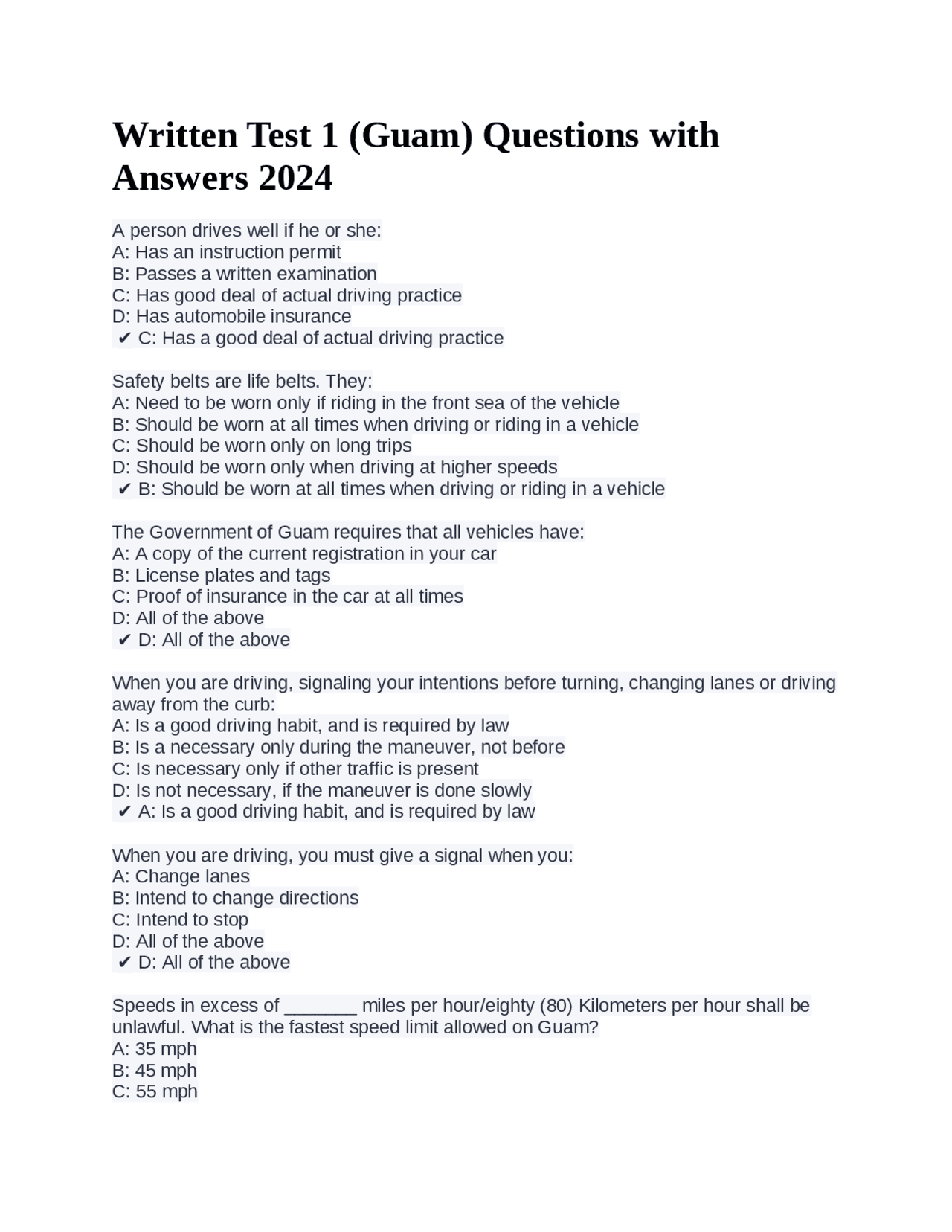 Written Test 1 (Guam) Questions with Answers 2024 | Exams Nursing | Docsity