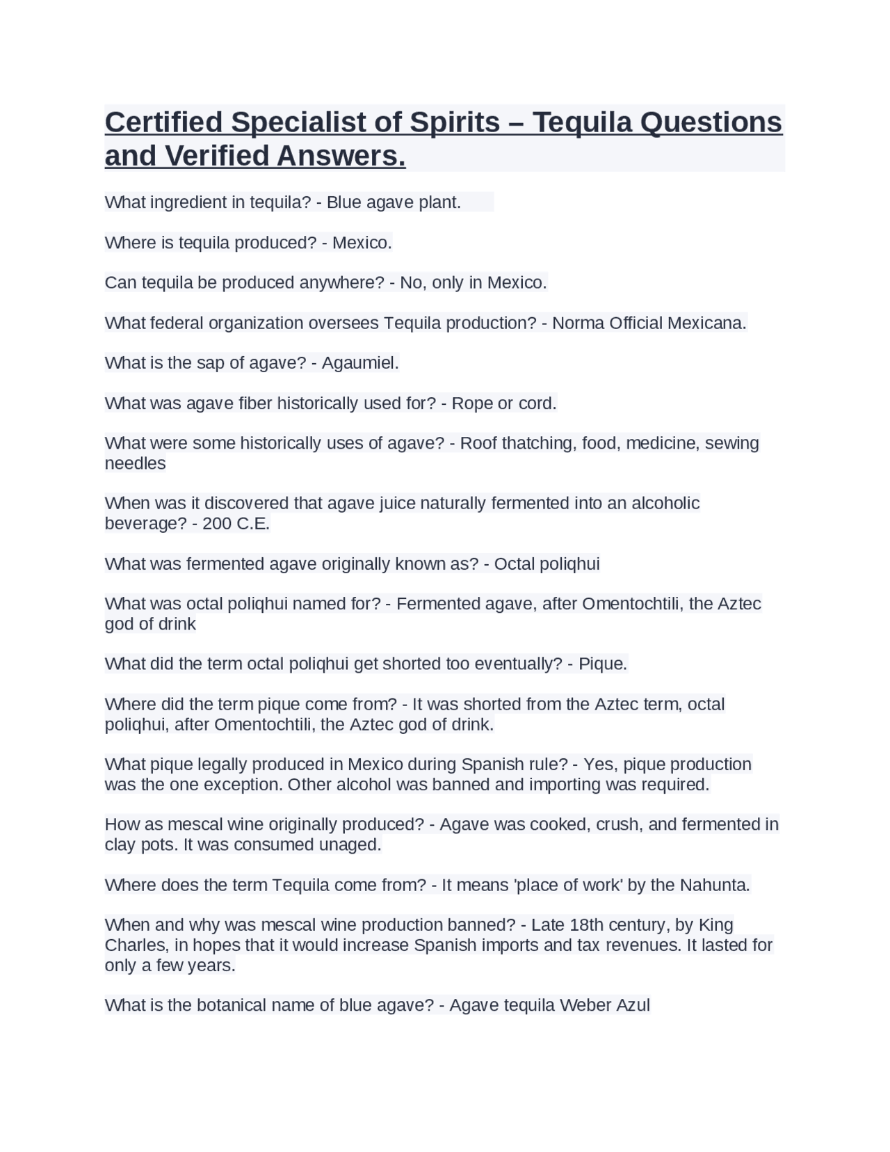 Certified Specialist of Spirits – Tequila Questions and Verified ...