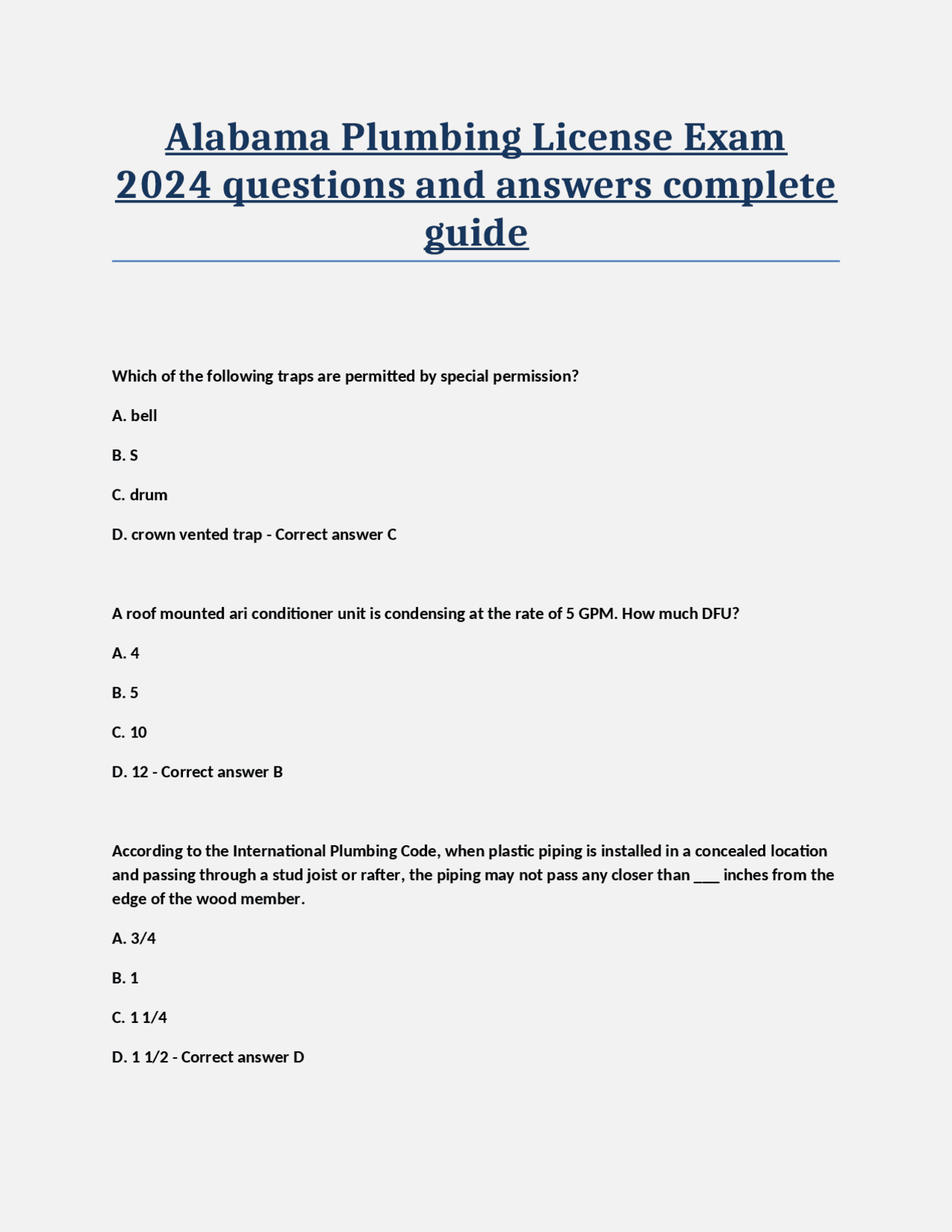 Alabama Plumbing License Exam 2024 questions and answers complete guide ...