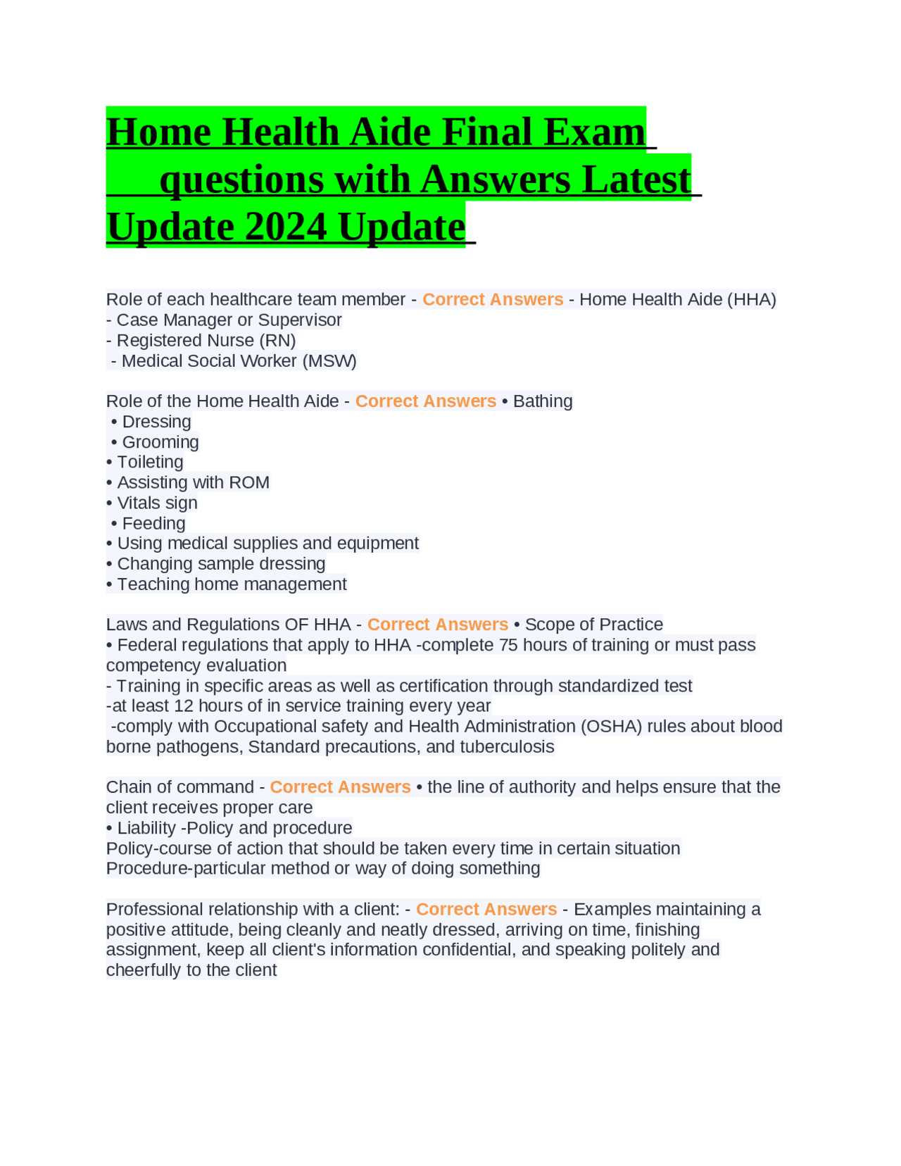 Home Health Aide Final Exam questions with Answers Latest Update 2024 ...
