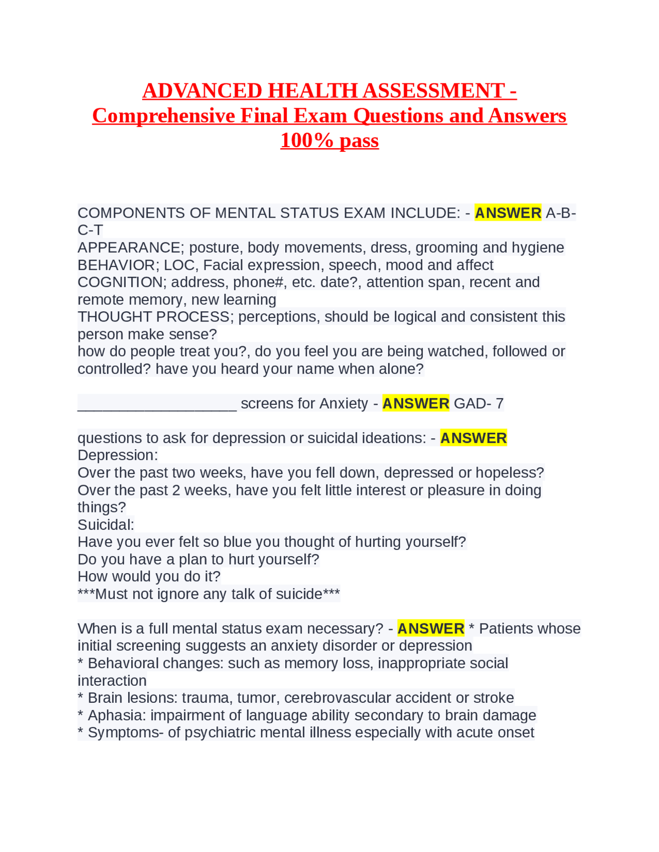 ADVANCED HEALTH ASSESSMENT - Comprehensive Final Exam Questions and ...