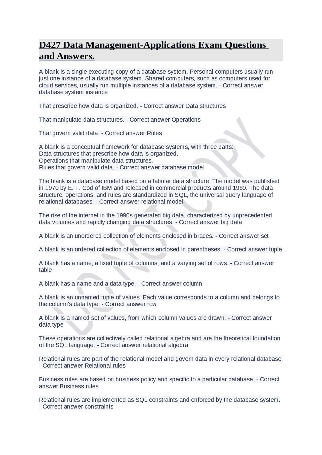 D427 Data Management-Applications Exam Questions and Answers. | Exams Database Management ...