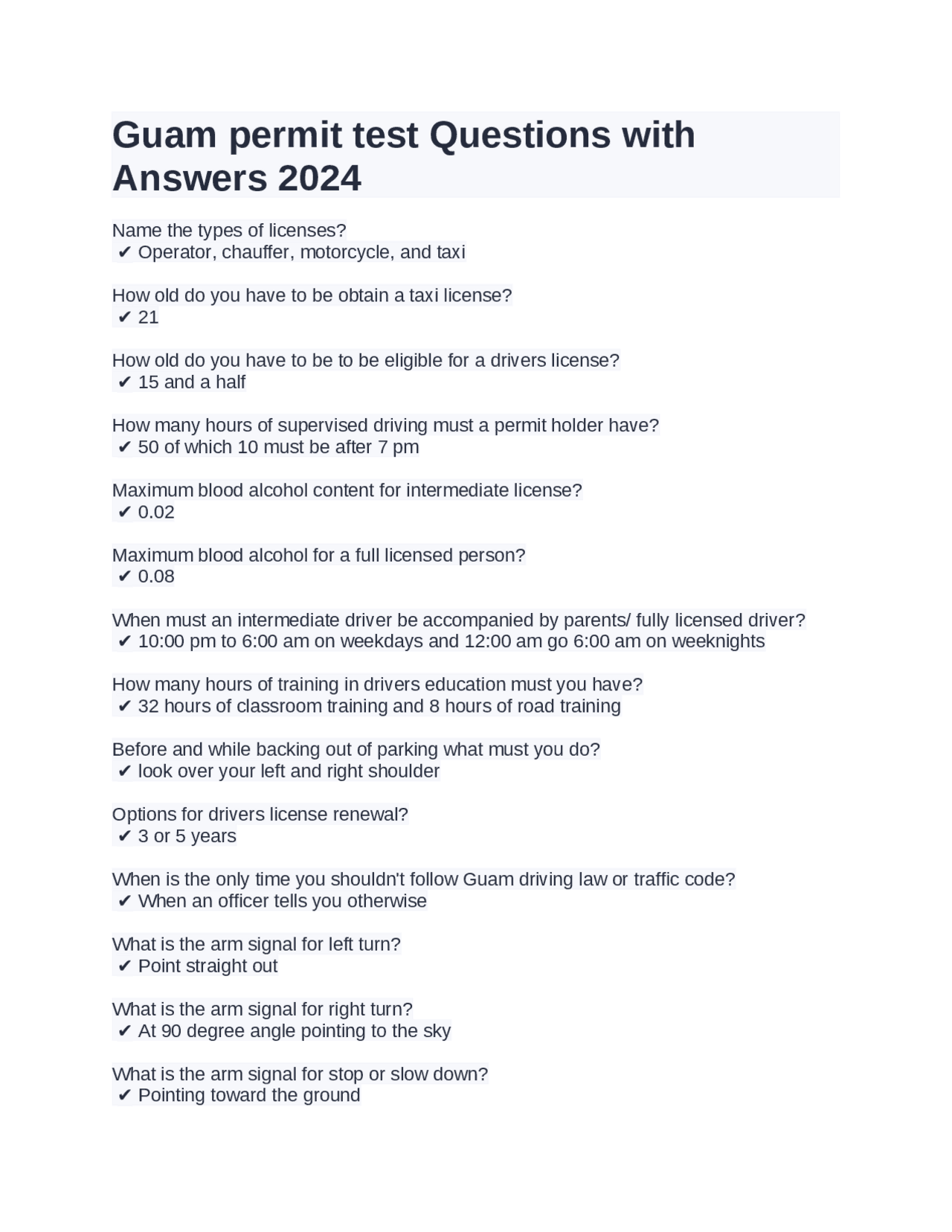 Guam permit test Questions with Answers 2024 | Exams Nursing | Docsity