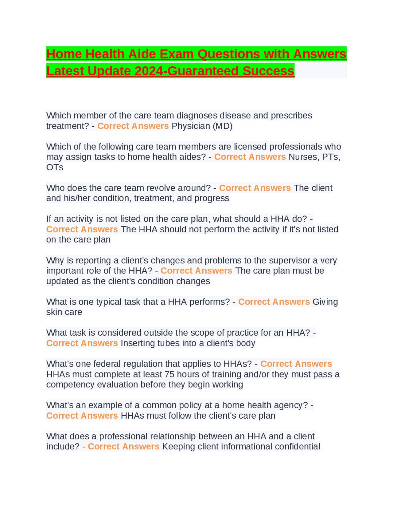 Home Health Aide Exam Questions with Answers Latest Update 2024 ...