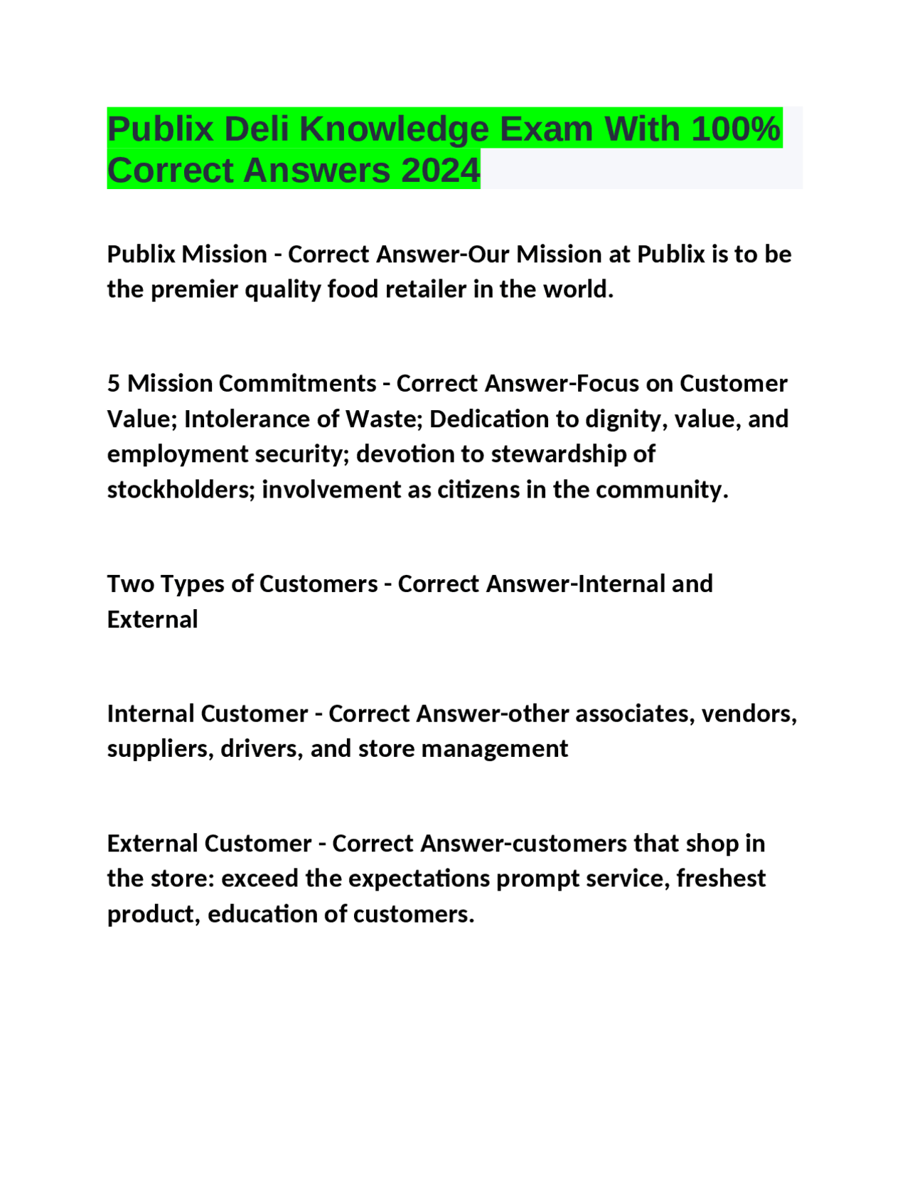 Publix Deli Knowledge Exam With 100% Correct Answers 2024 | Exams ...