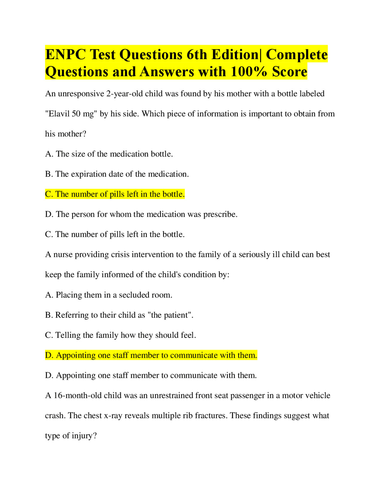 ENPC Test Questions 6th Edition| Complete Questions and Answers with ...