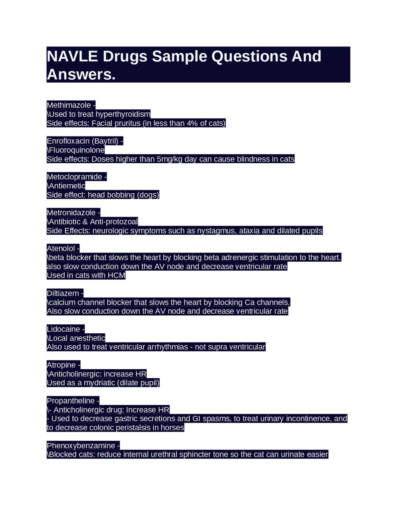 NAVLE Drugs Sample Questions And Answers. | Exams Veterinary | Docsity