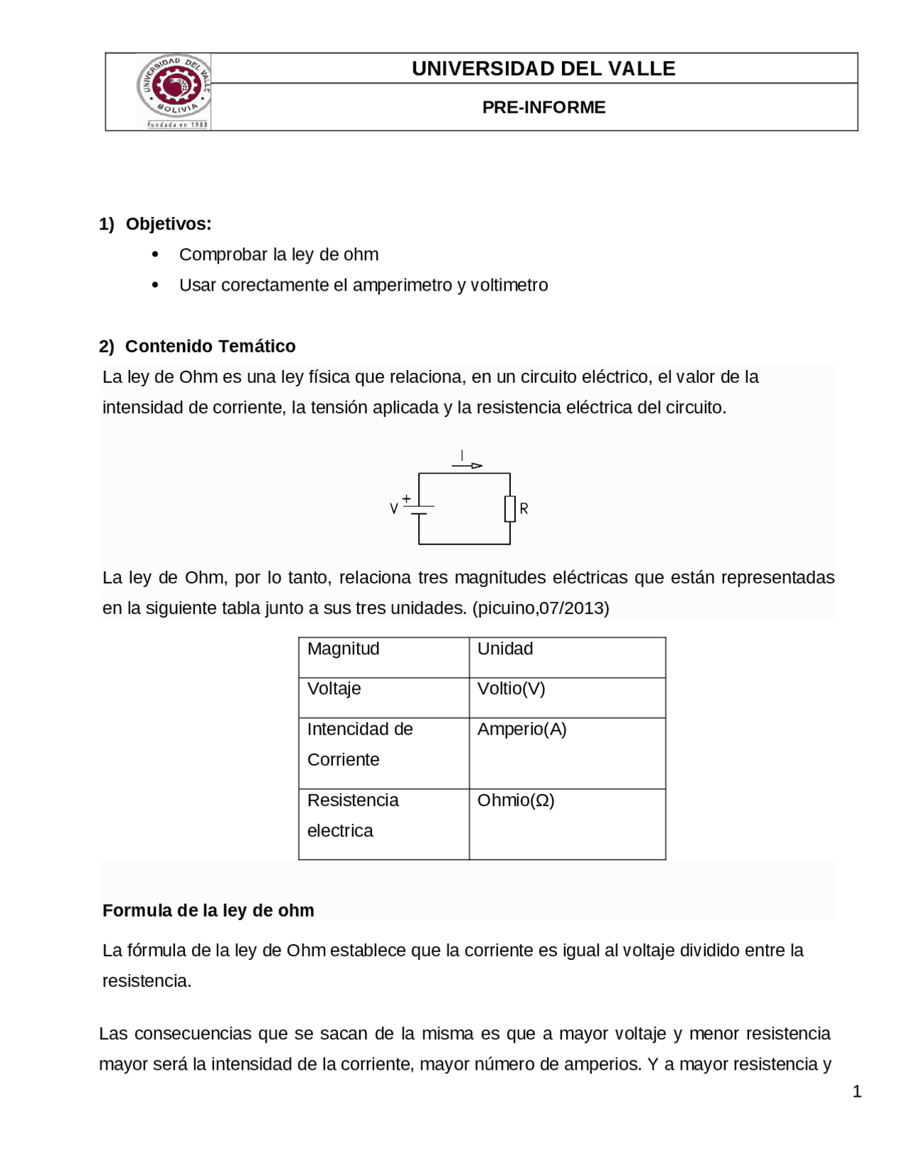 Informe de ley de ohm | Guías, Proyectos, Investigaciones de Teoría de Circuitos | Docsity