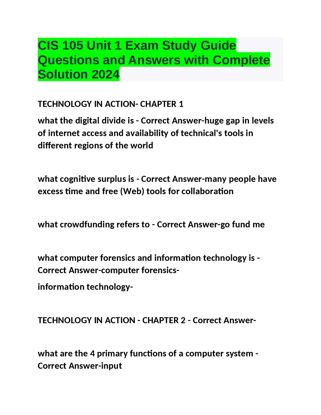 CIS 105 Unit 1 Exam Study Guide Questions and Answers with Complete Solution 2024 | Exams ...