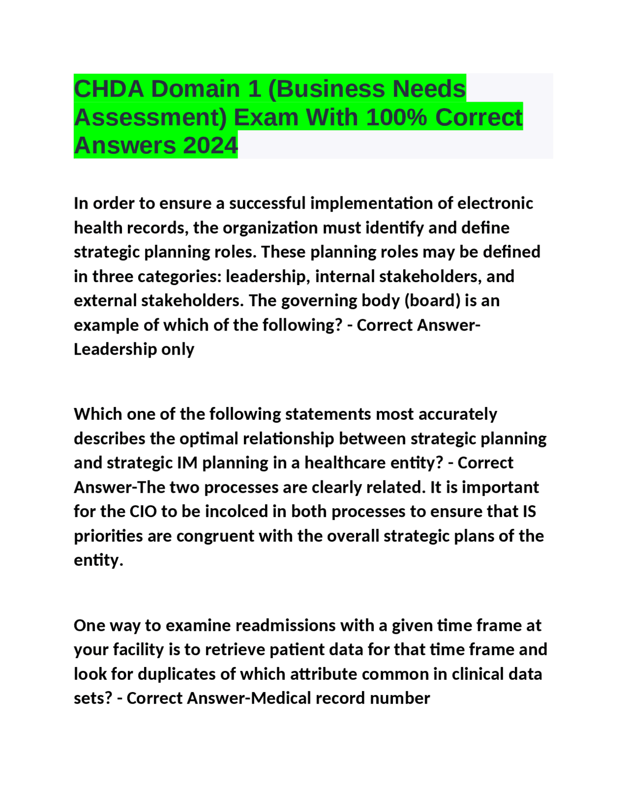 CHDA Domain 1 (Business Needs Assessment) Exam With 100% Correct ...