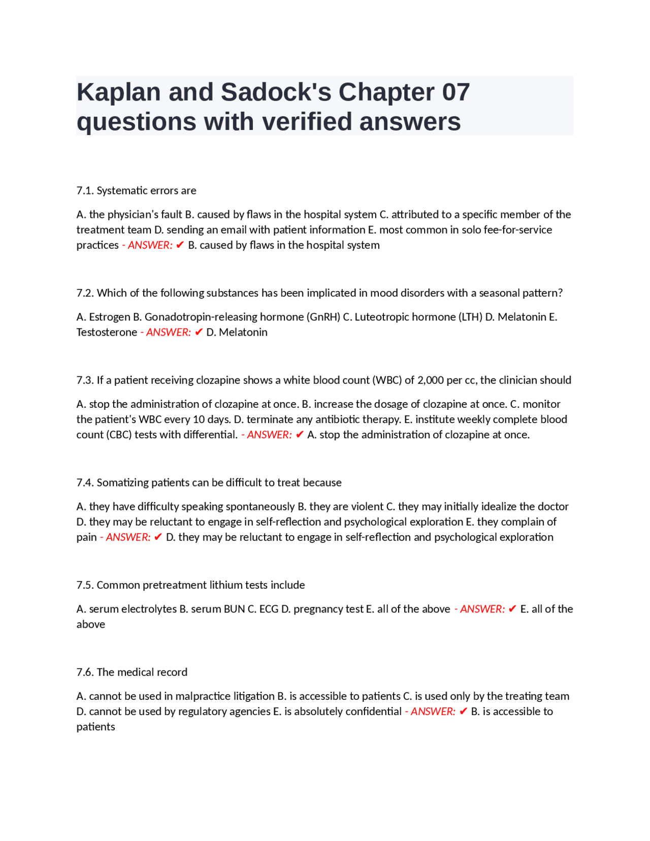 Kaplan and Sadock's Chapter 07 questions with verified answers | Exams ...