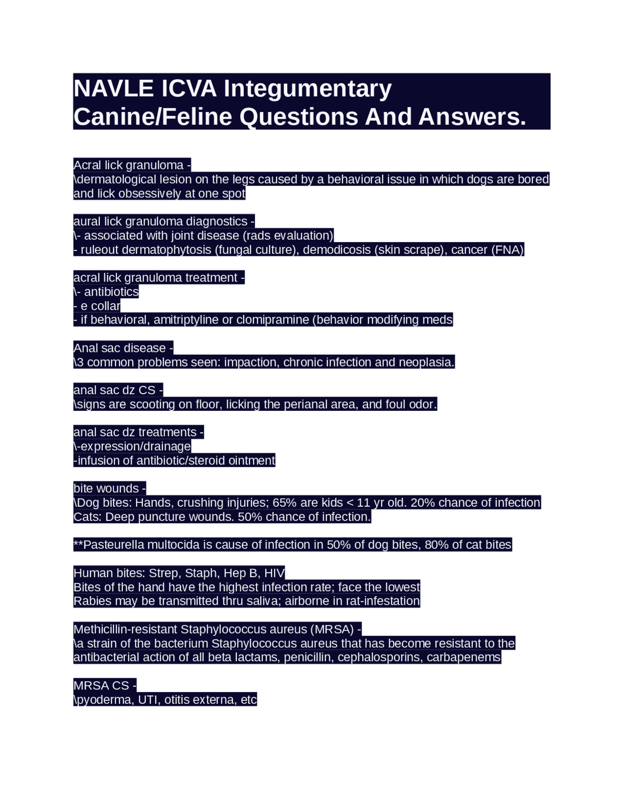 NAVLE ICVA Integumentary Canine/Feline Questions And Answers. | Exams ...