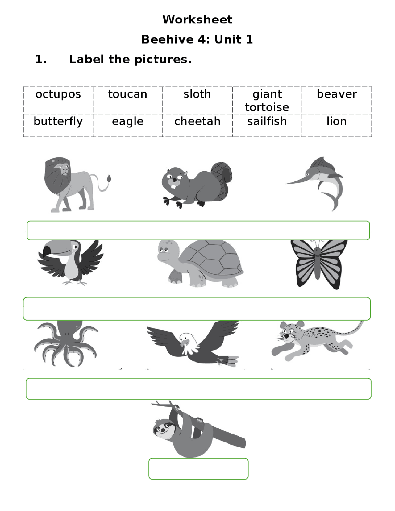 Beehive 4 : animals worksheet | Ejercicios de Idioma Inglés | Docsity